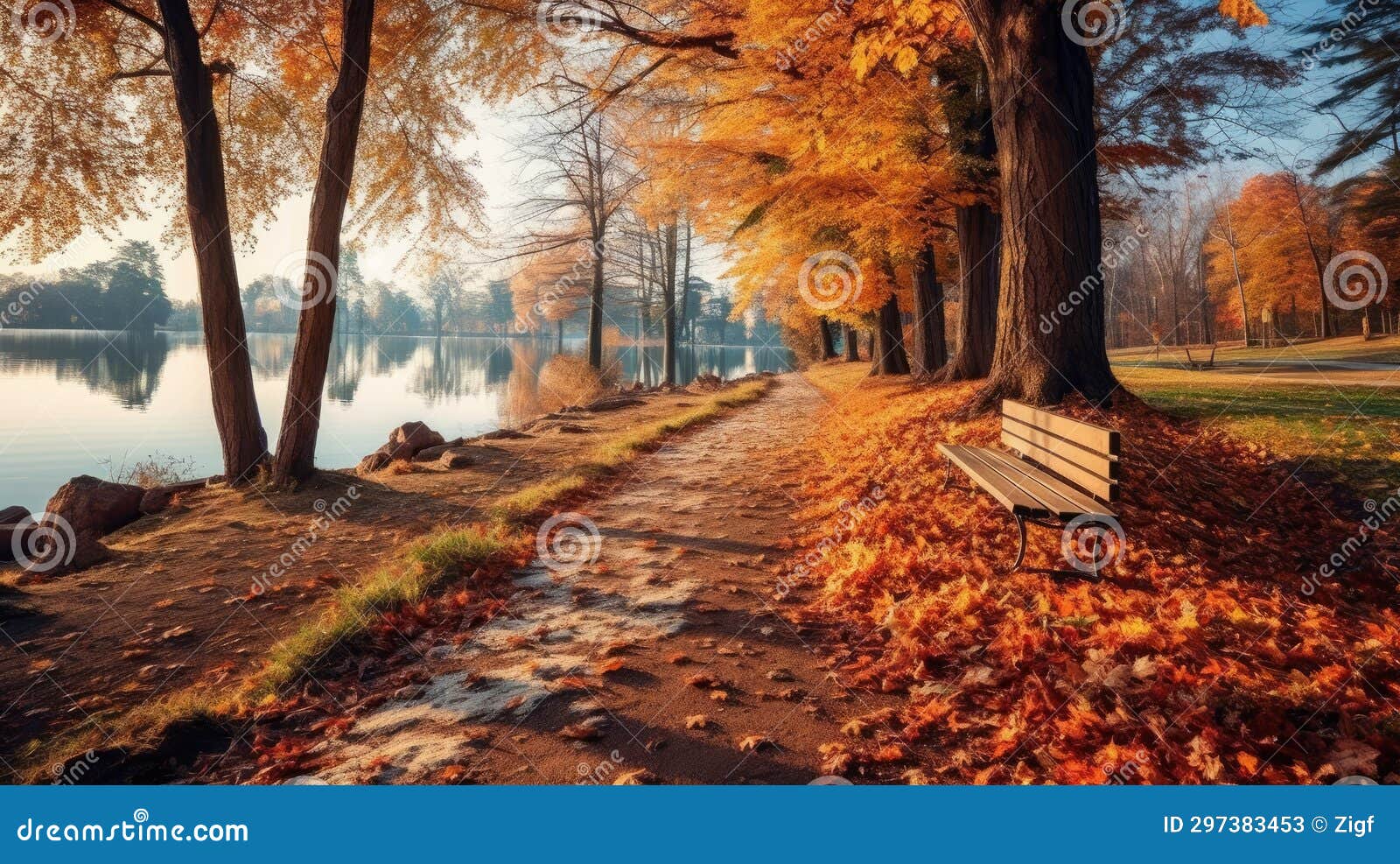 Bench Next To a Lake in Autumn Stock Illustration - Illustration of ...