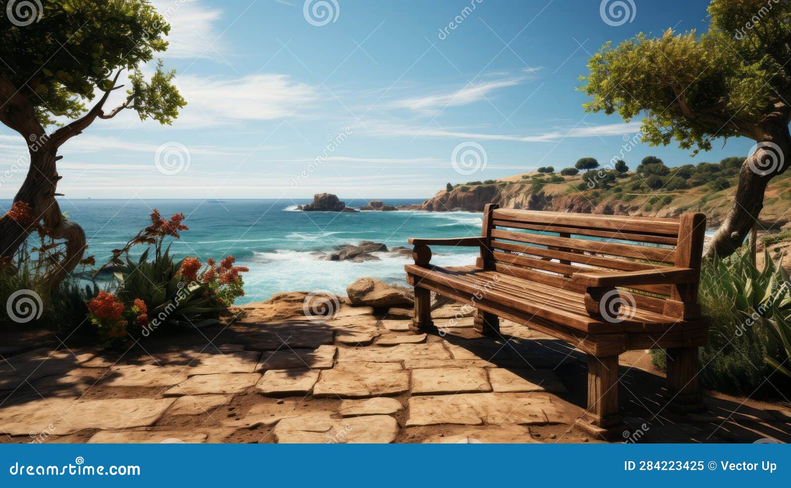 A Bench Overlooking the Ocean. Generative AI. Stock Illustration ...