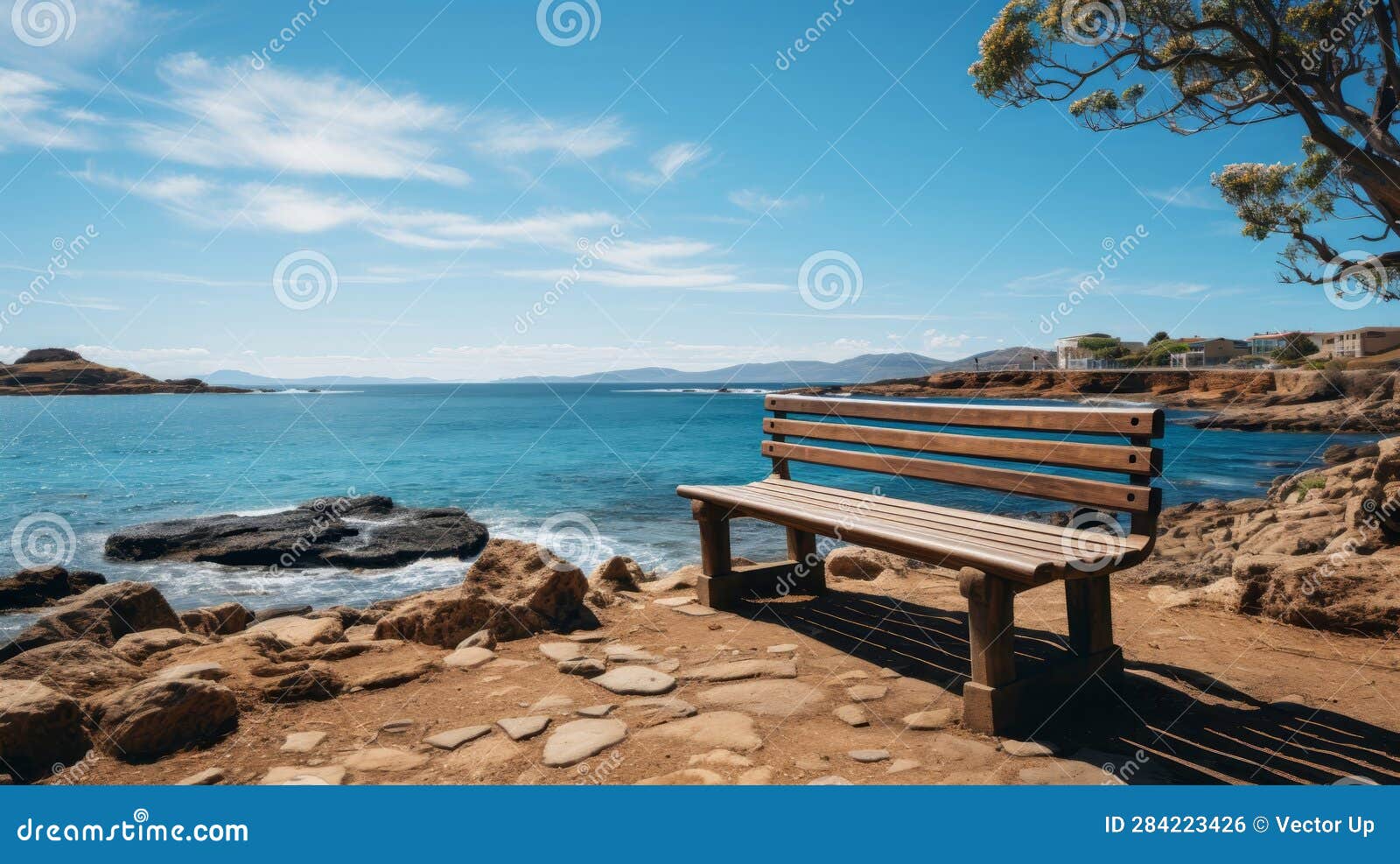 A Bench Overlooking the Ocean. Generative AI. Stock Illustration ...