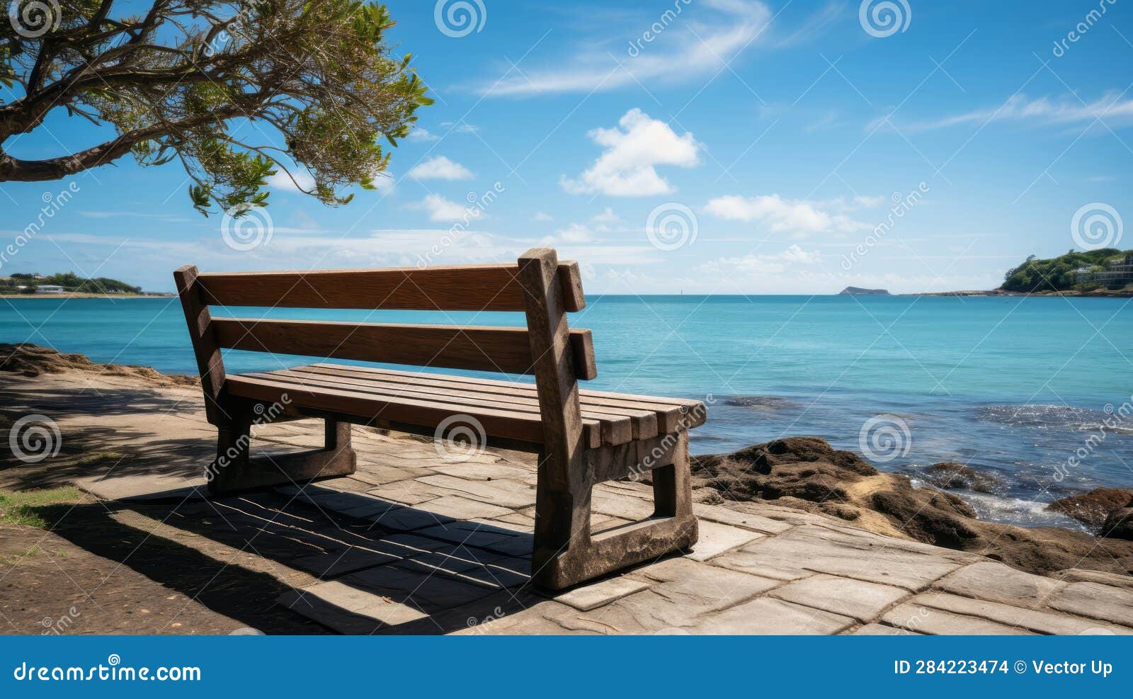 A Bench Overlooking the Ocean. Generative AI. Stock Illustration ...