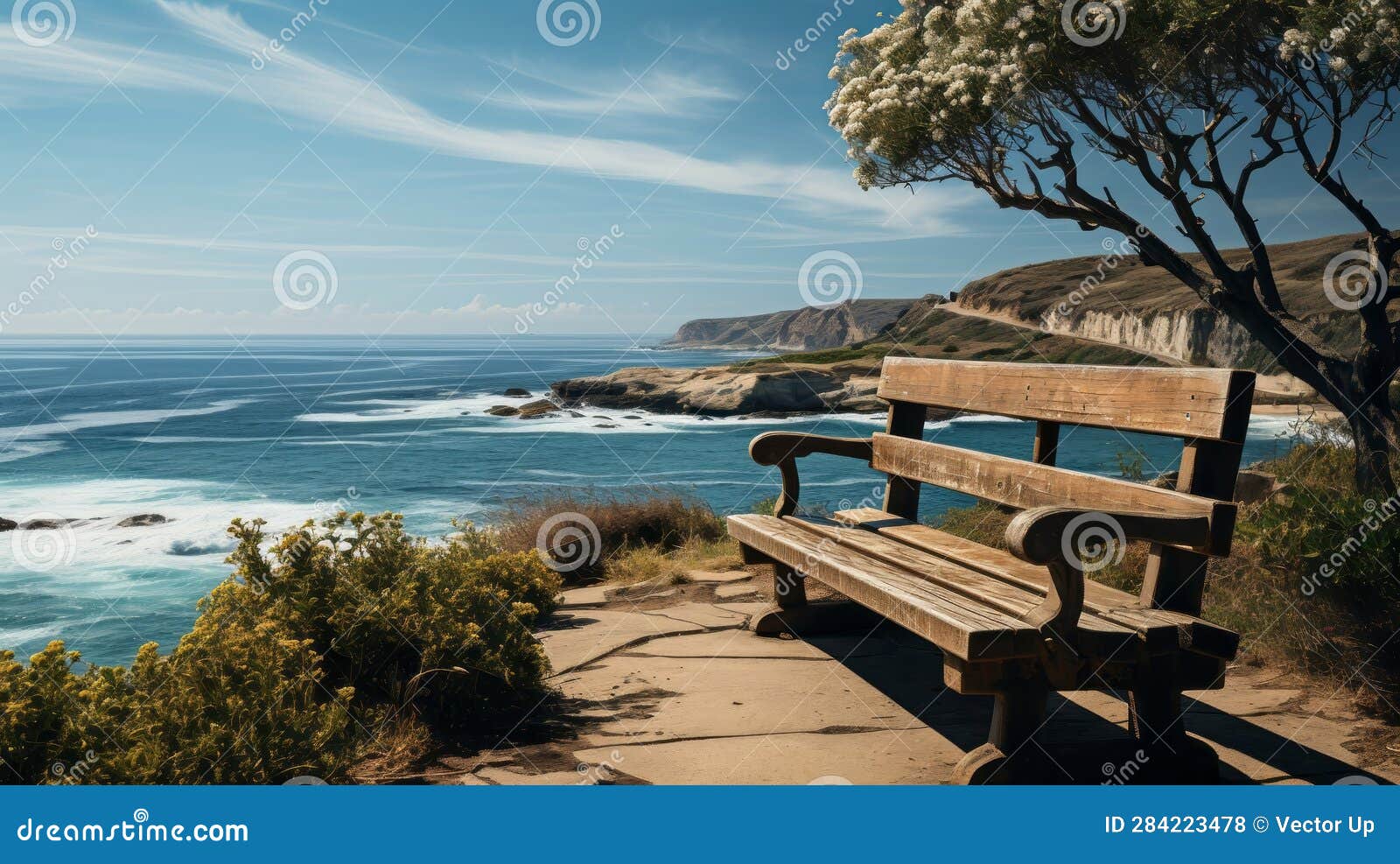 A Bench Overlooking the Ocean. Generative AI. Stock Illustration ...