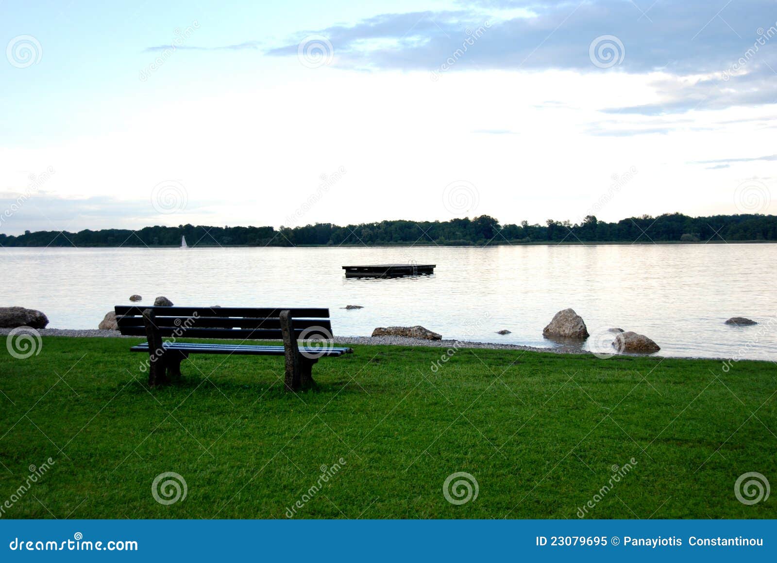 Bench Overlooking River or Sea Stock Image - Image of blue, outdoors ...