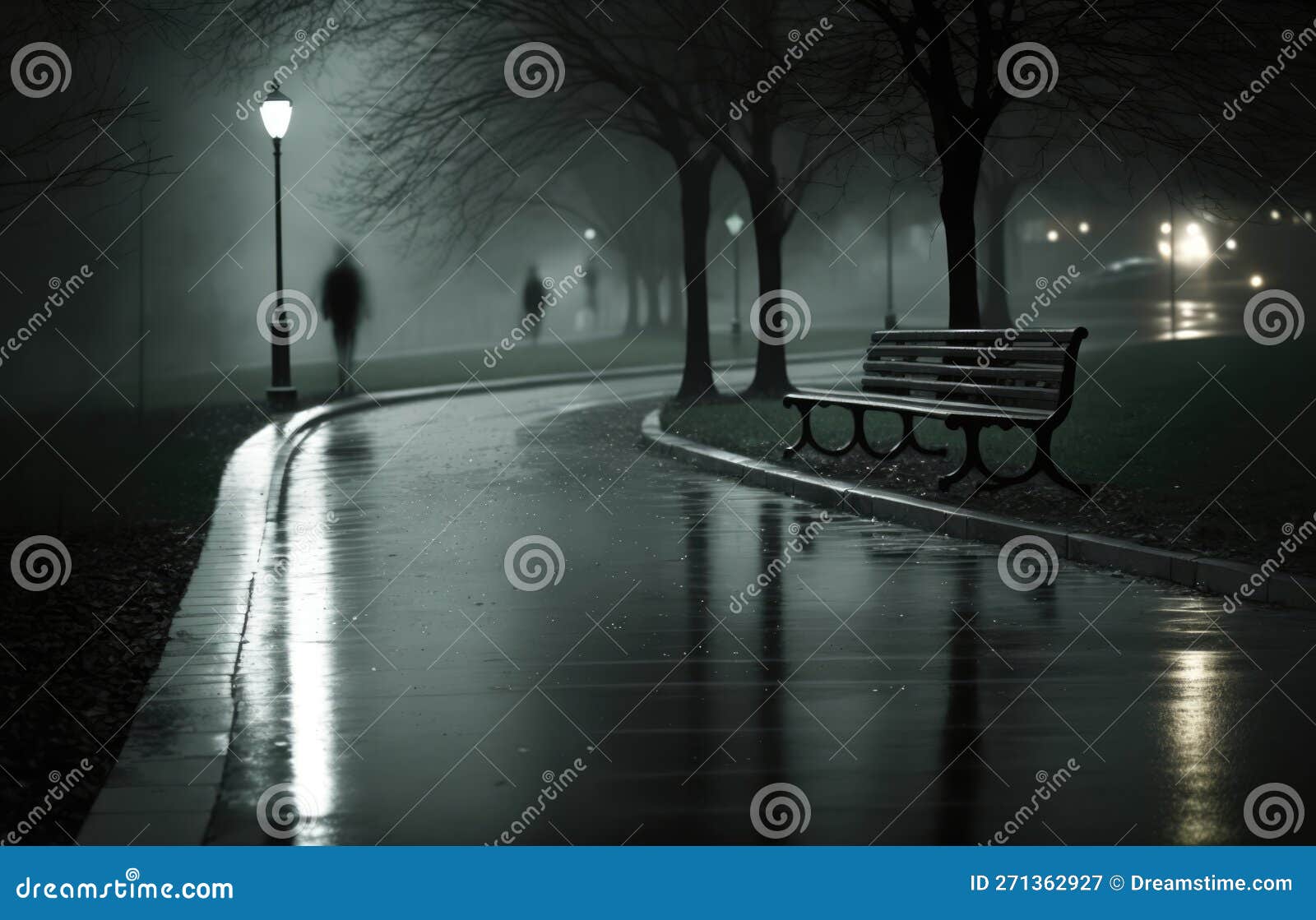 Bench in Park on Dark Misty Rainy Night, Created Using Generative Ai ...