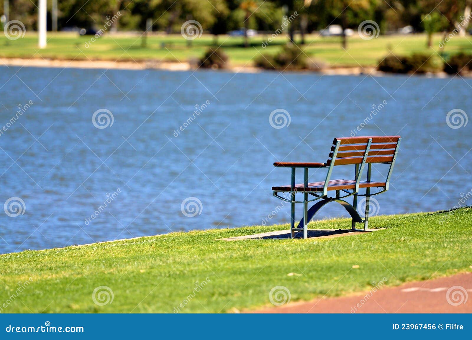 Bench in park near water stock photo. Image of landscape - 23967456