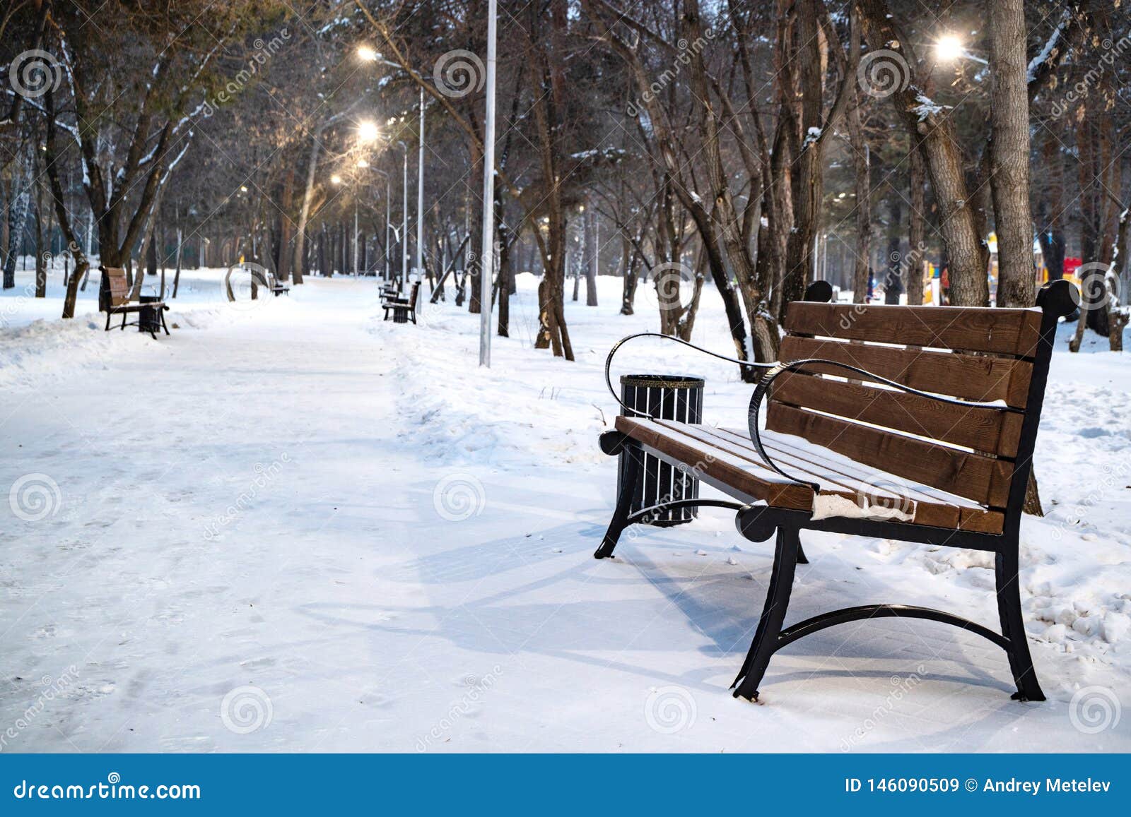 Bench with Park in Winter Around a Lot of Snow Stock Image - Image of ...