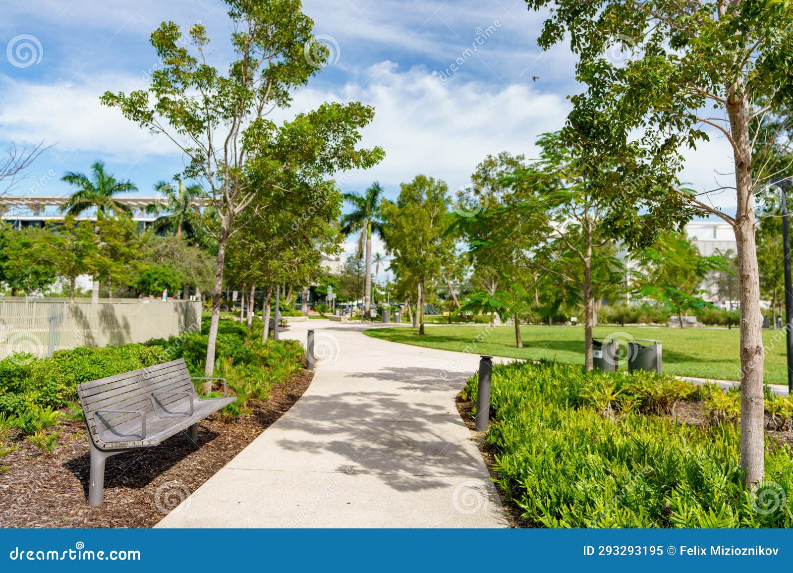 Bench and Pathway in the Park with Green Vegetation Stock Image - Image ...