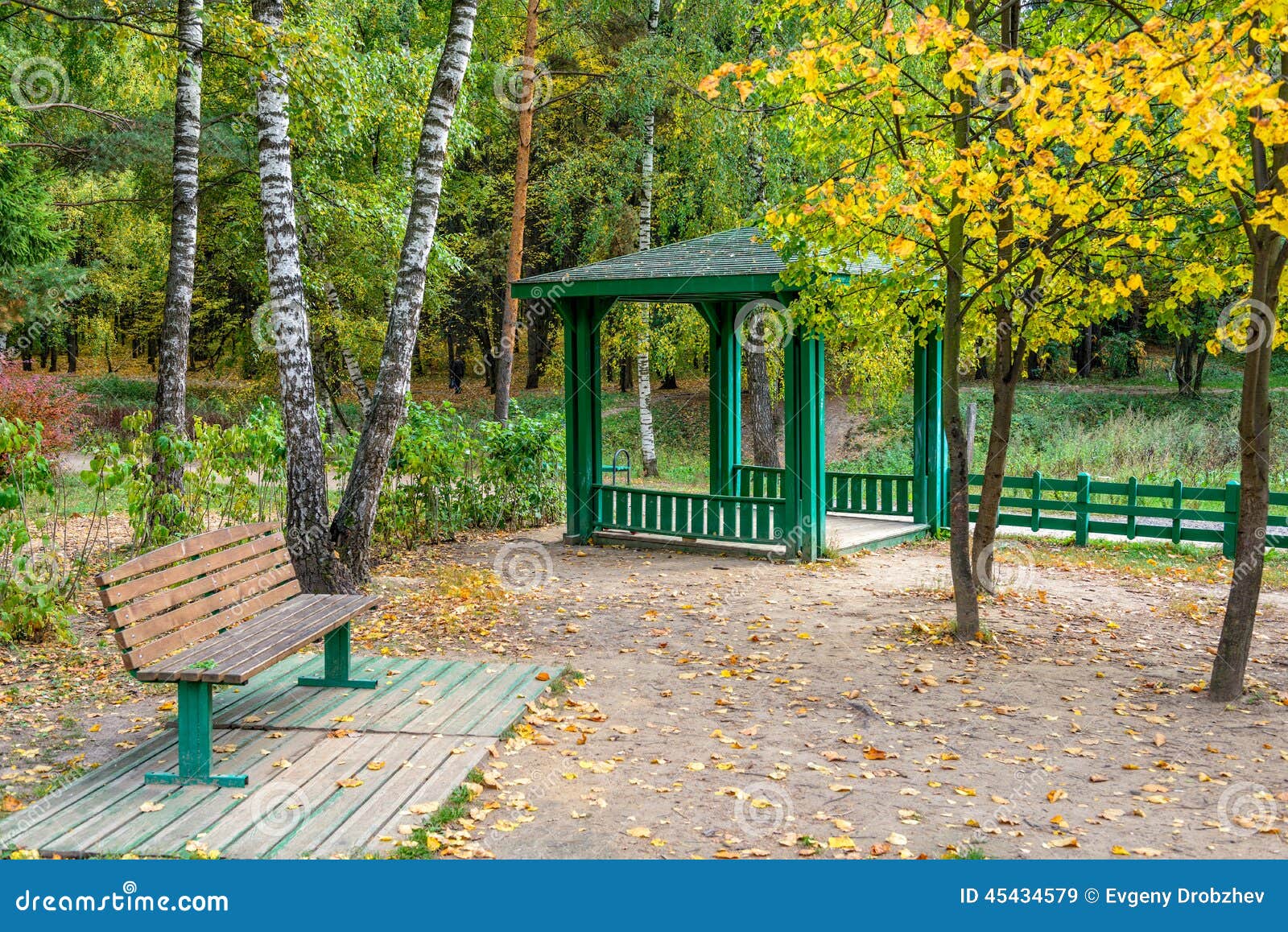 Bench and Pavilion in Autumn Park Stock Image - Image of path, arbour ...