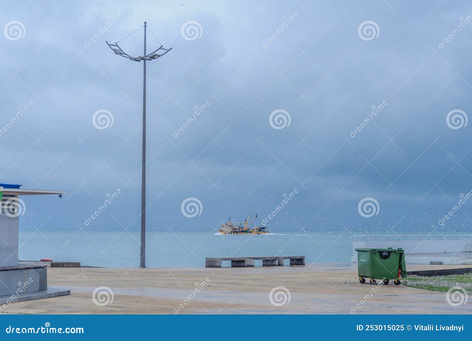 Bench and Pillar on the Seashore Stock Image - Image of bench, river ...