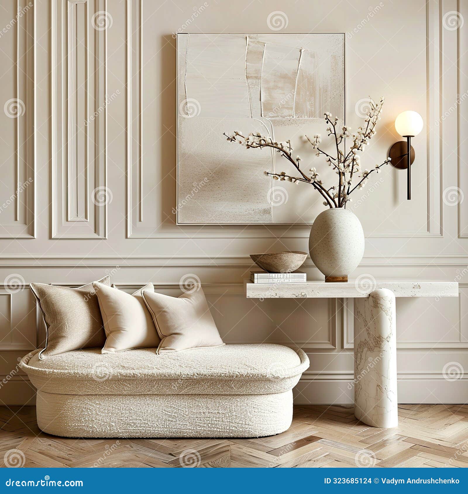 Bench With Pillows And Marble Console Table Against Beige Paneli AI ...