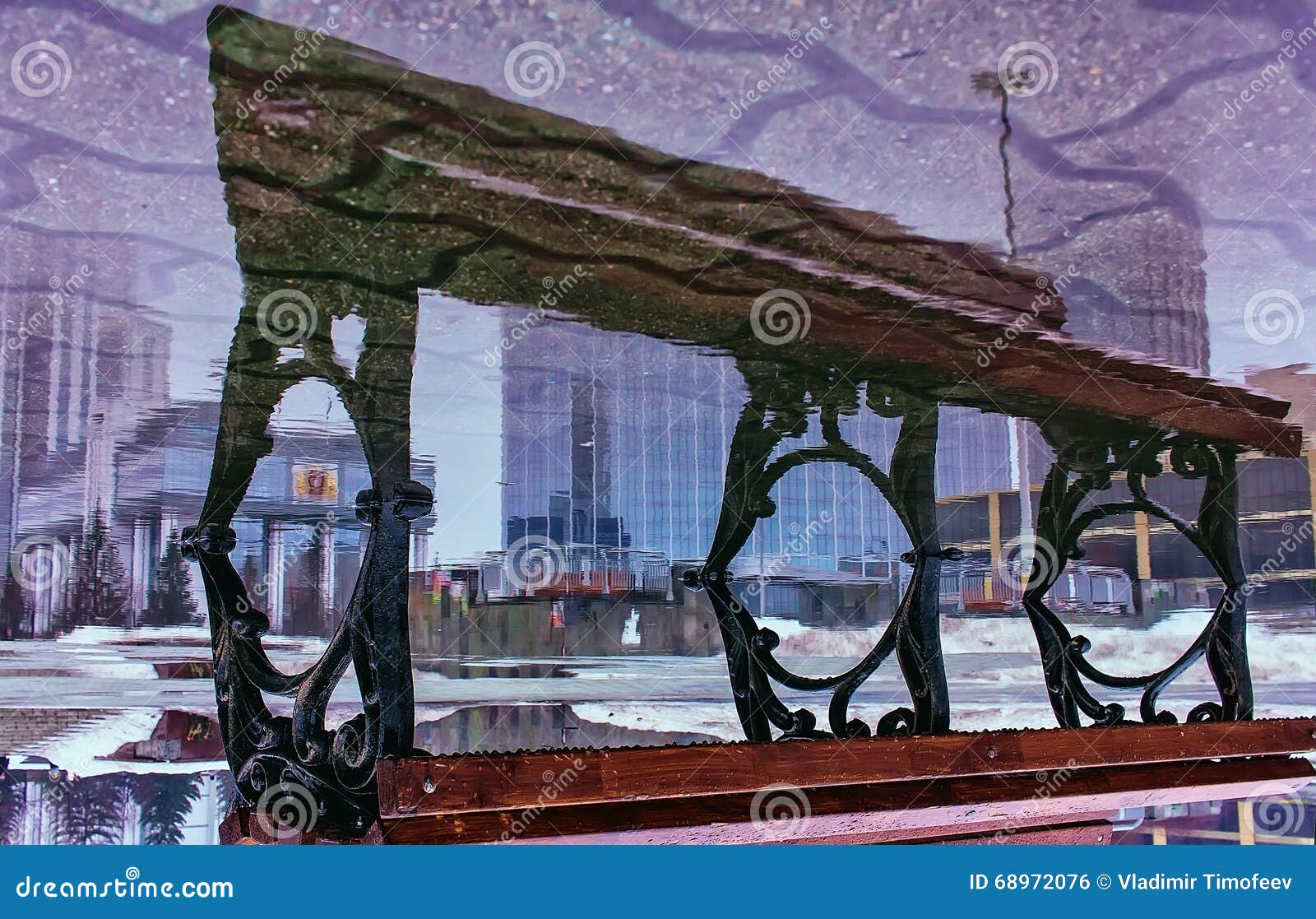 Bench in a Puddle Reflection Yekaterinburg Downtown Upside Down Stock ...