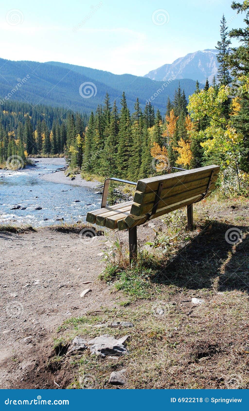 Bench with River Valley View Stock Photo - Image of meadows, panoramic ...