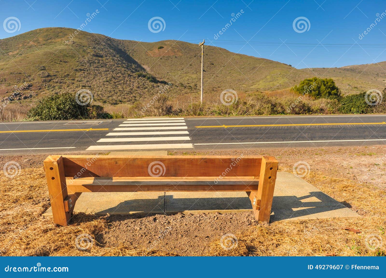 Bench by the Side of a Road Stock Image - Image of lawn, line: 49279607