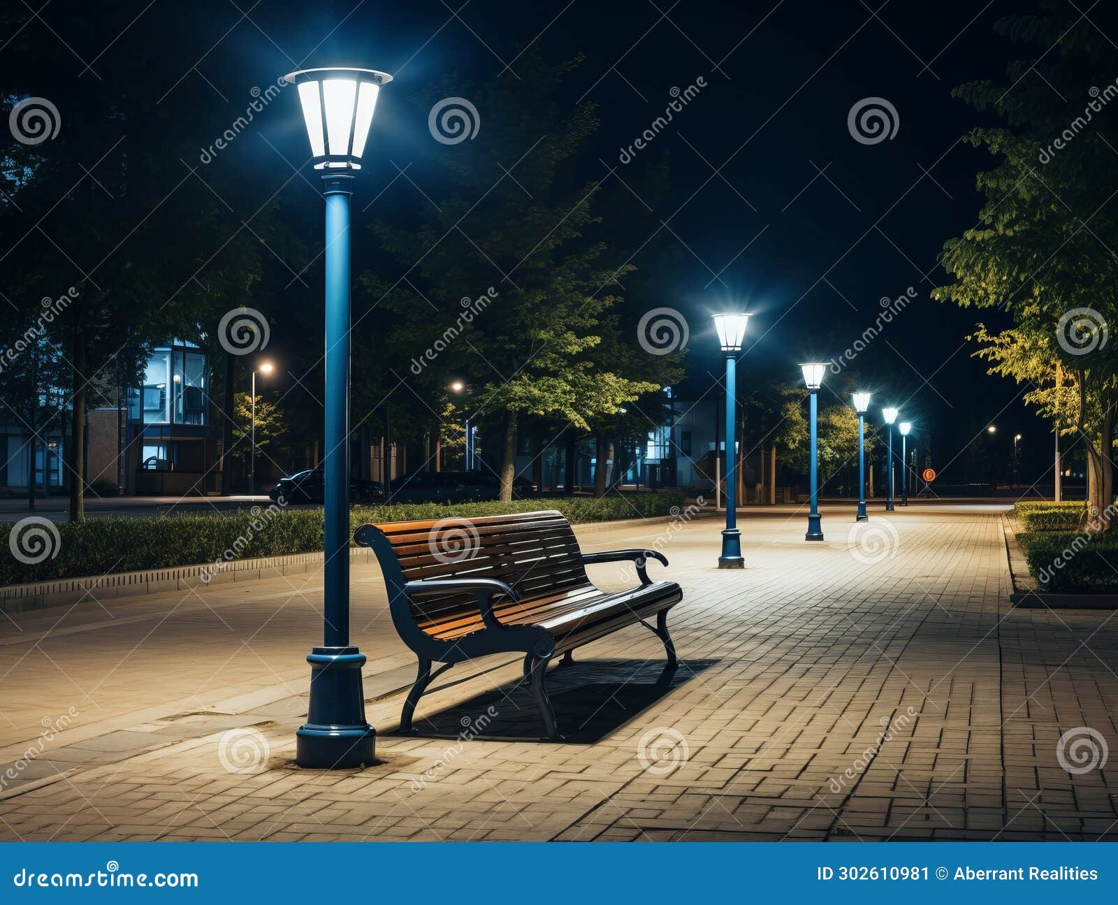 A Bench Sitting on a Brick Walkway at Night Stock Illustration ...