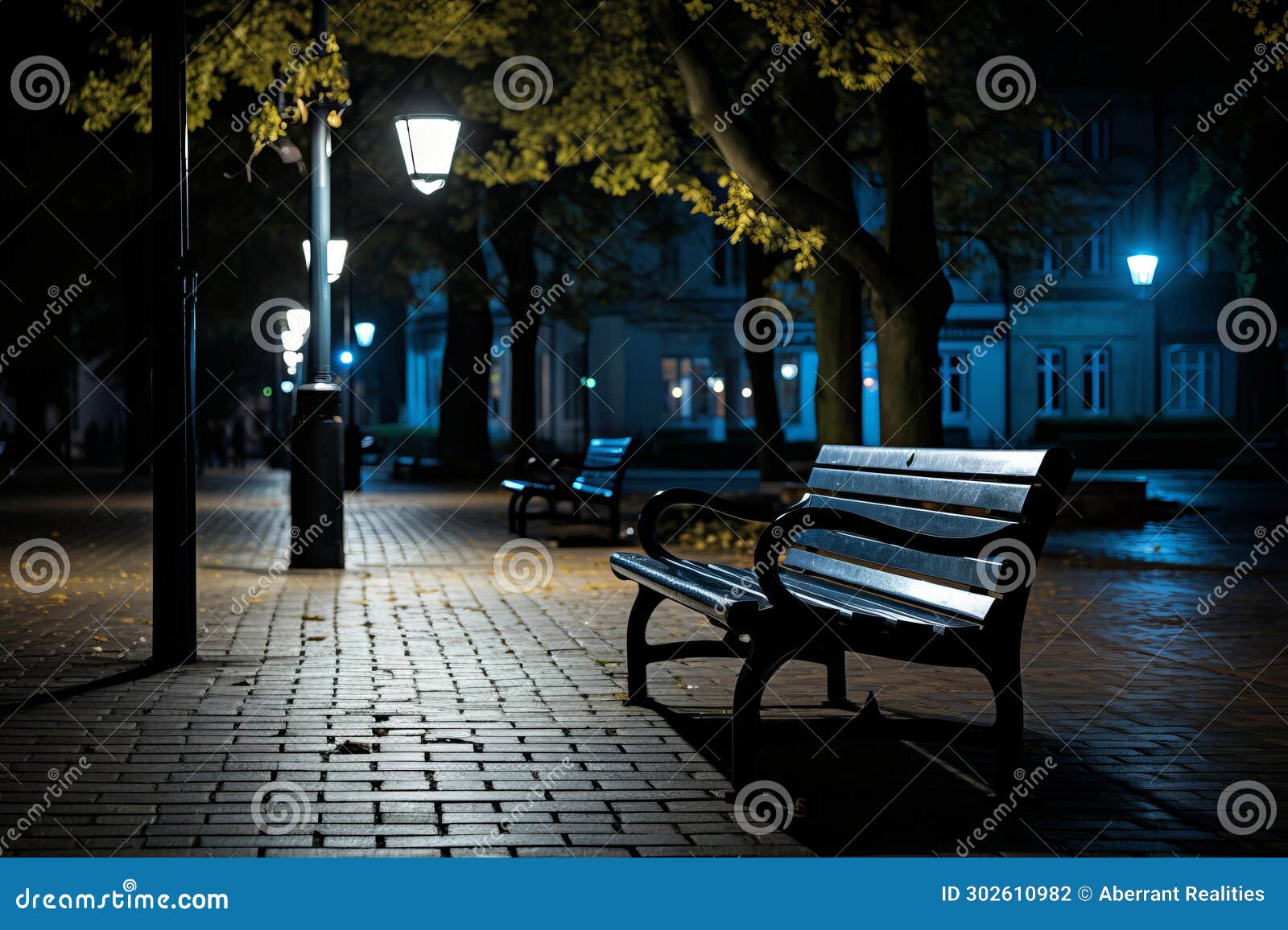 A Bench Sitting on a Brick Walkway at Night Stock Illustration ...