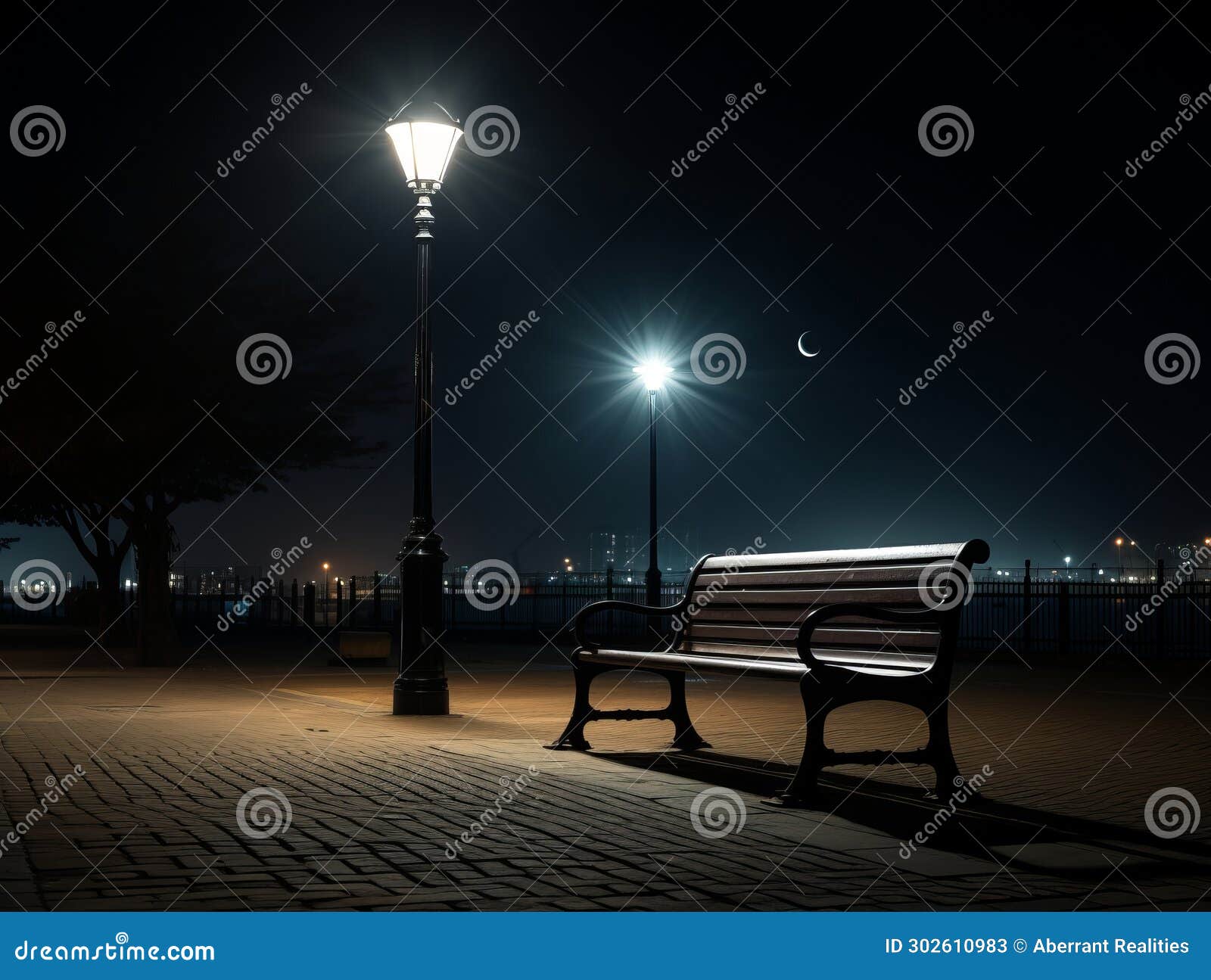 A Bench Sitting on a Brick Walkway at Night Stock Illustration ...