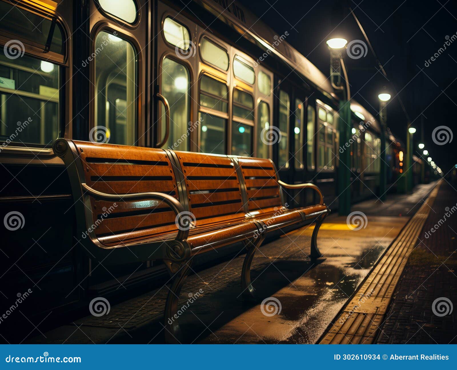 A Bench Sitting Next To a Train at Night Stock Illustration ...