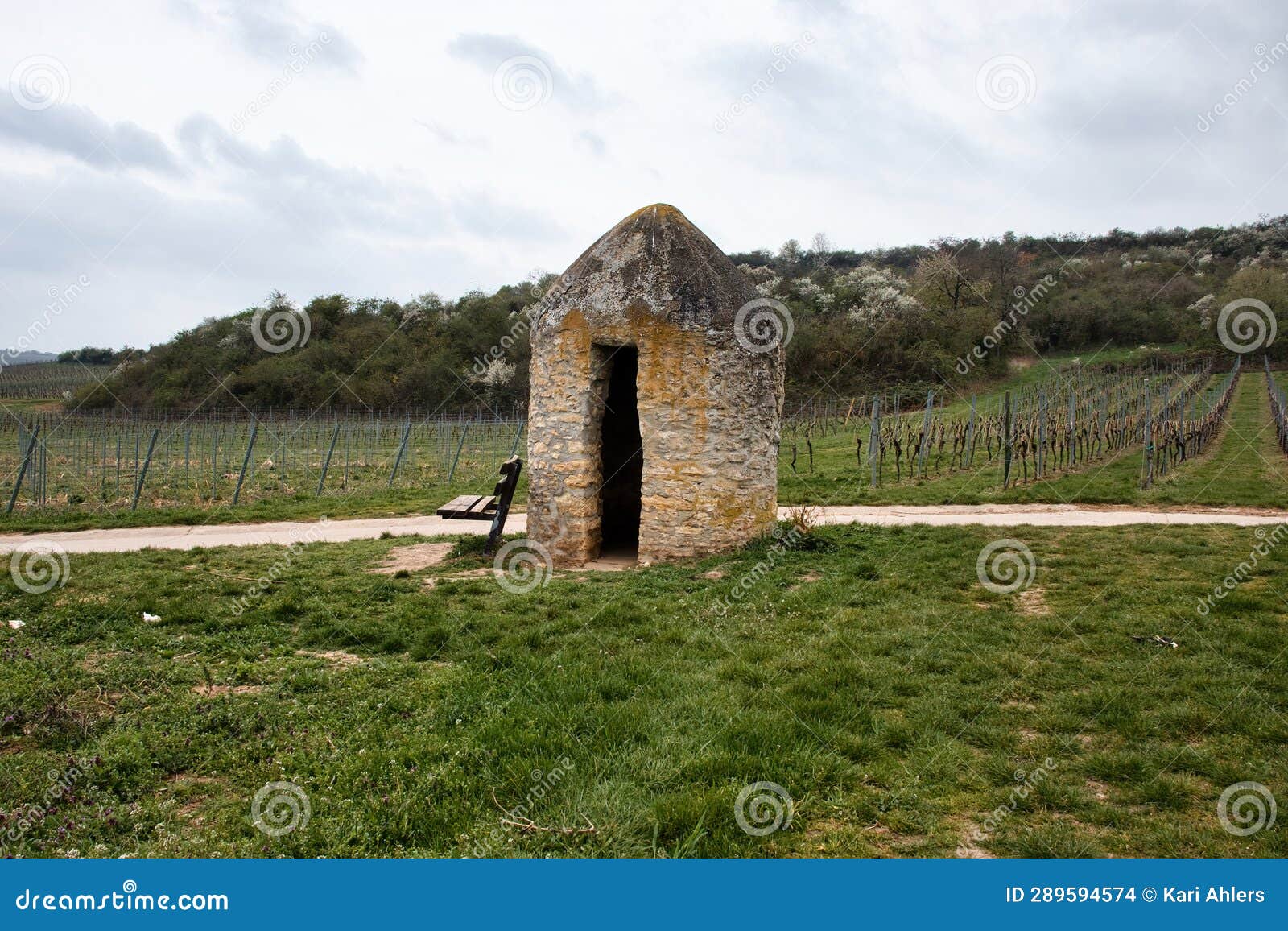Bench and Small Stone Building in Vineyard Stock Photo - Image of ...