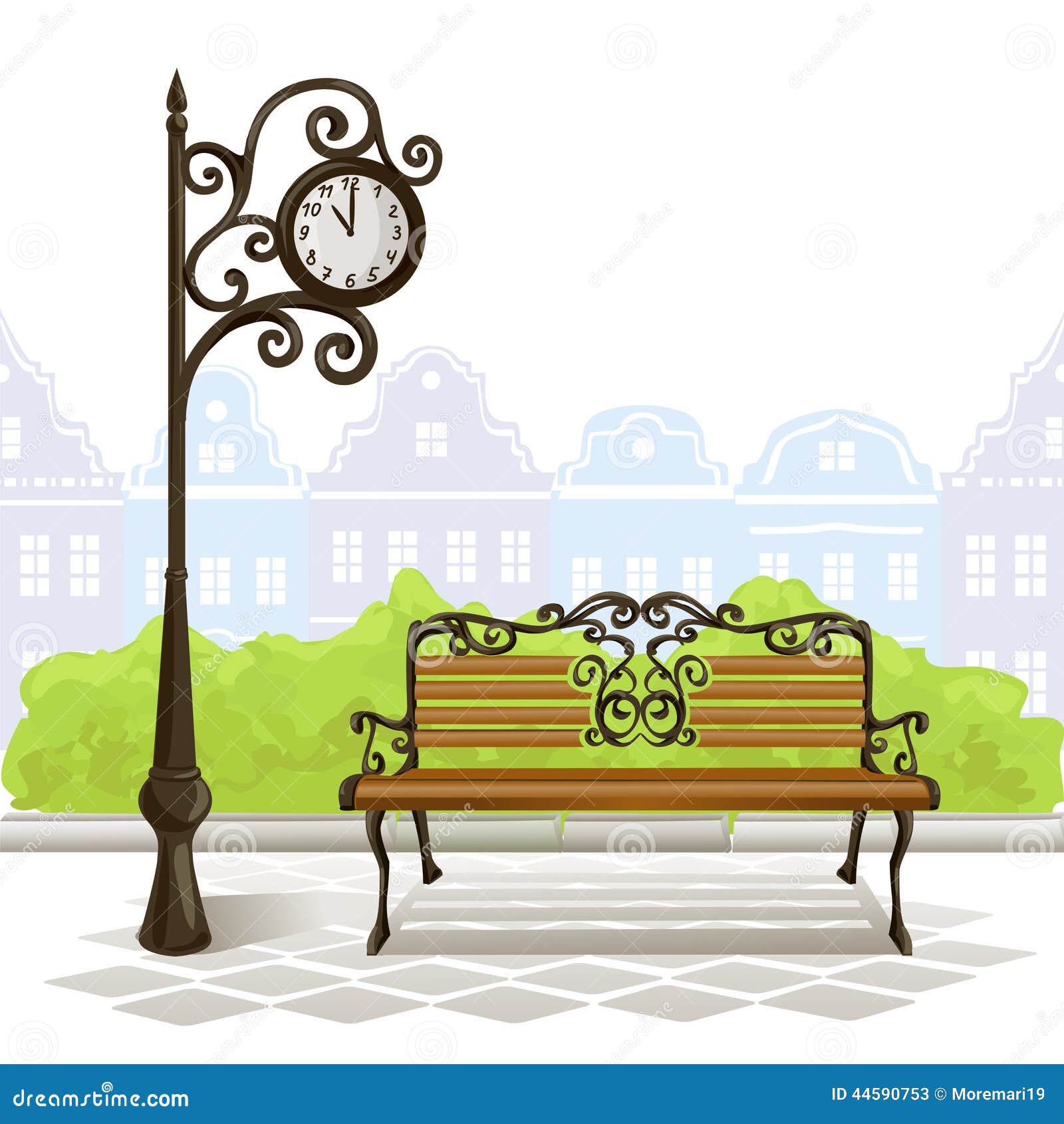 Bench, Street Clocks, Background Line Drawing City Vector Illustration ...