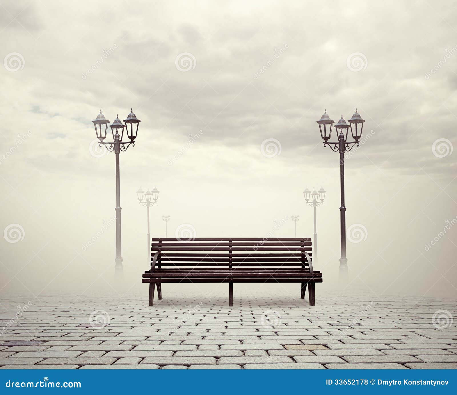 Bench and street lamps stock photo. Image of mist, landscape - 33652178