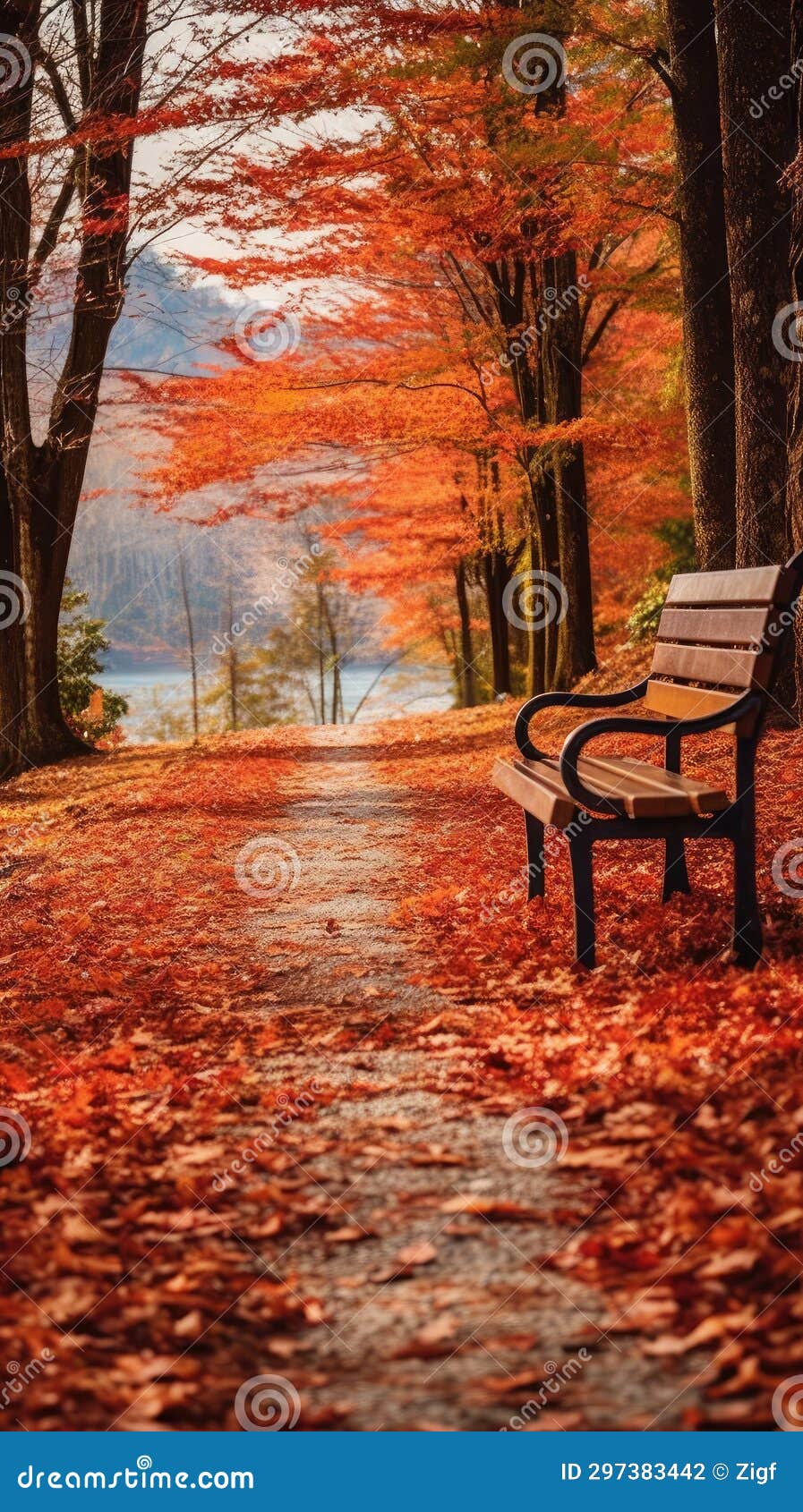 Bench is Surrounded by Red Leaves on a Path Stock Illustration ...