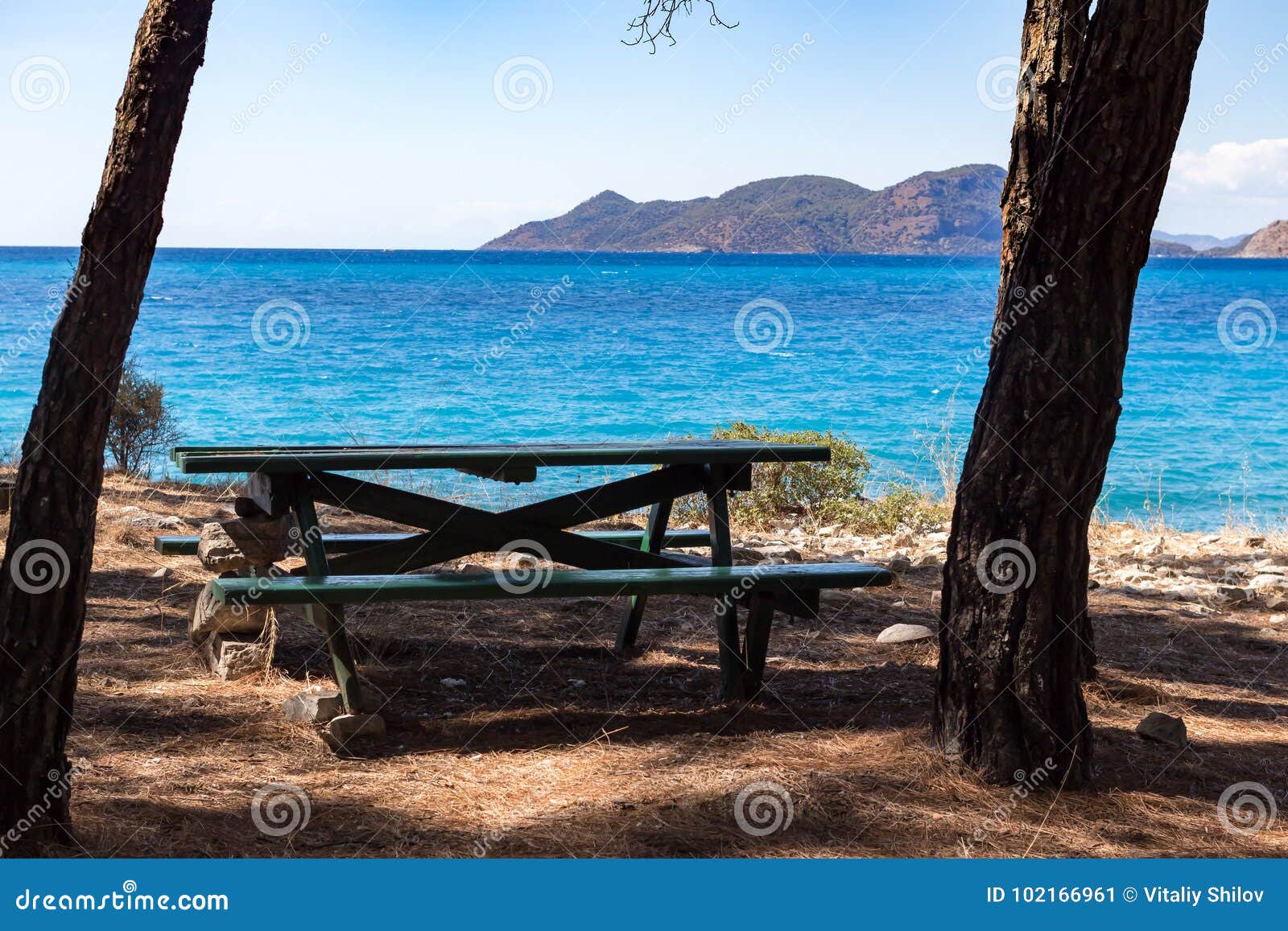 Bench and Table in the Shadow of a Tree on the Beach with Sea View ...