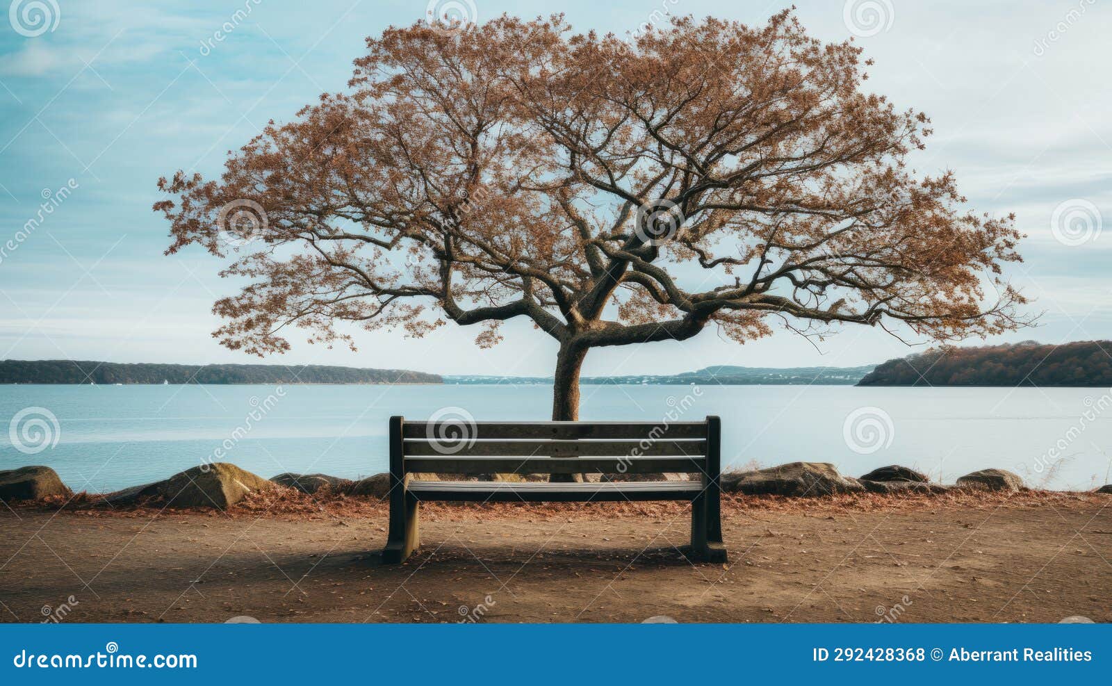 A Bench Under a Tree by a Lake Stock Illustration - Illustration of ...