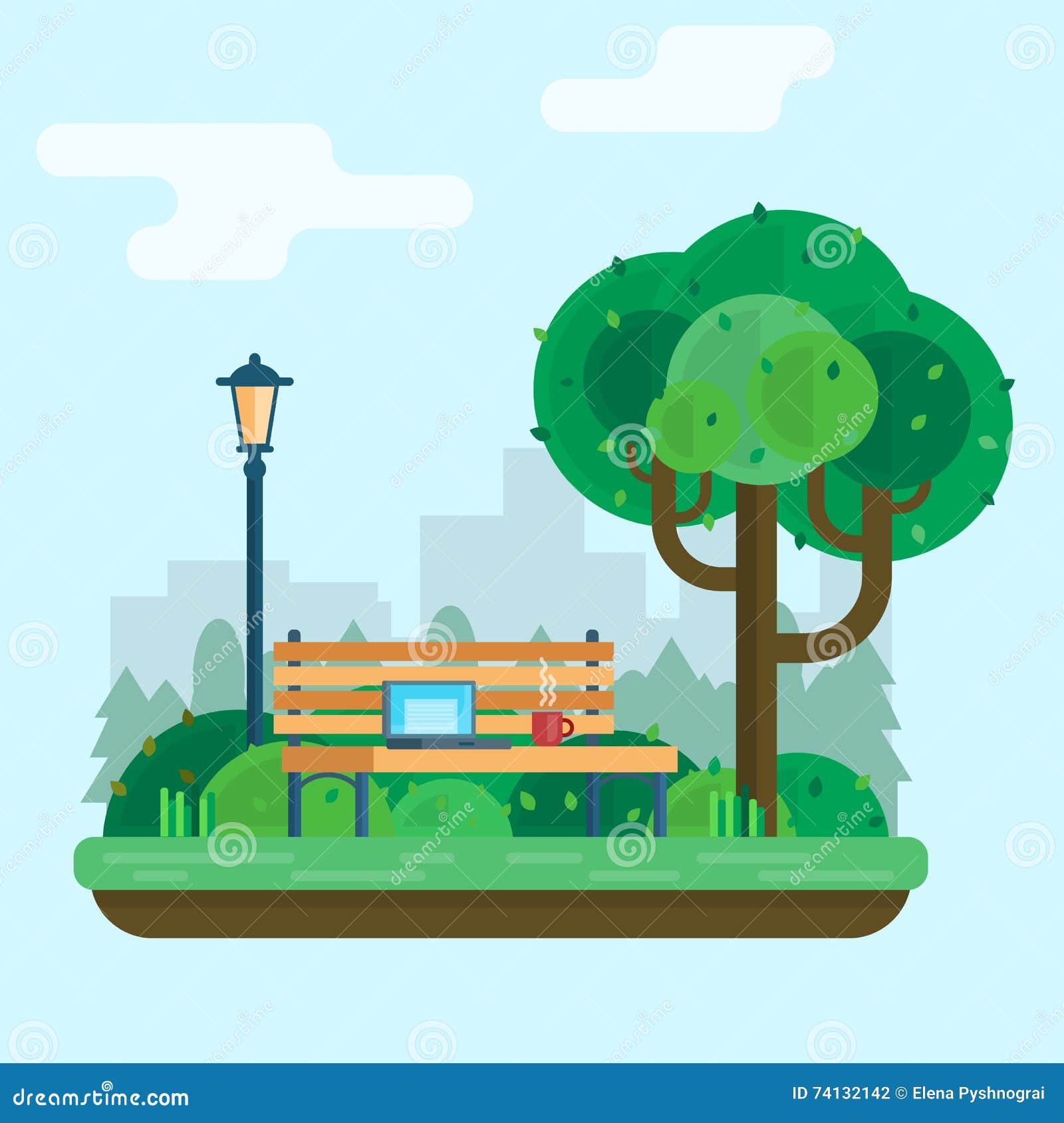 Bench Under a Tree in the Park. Stock Vector - Illustration of garden ...