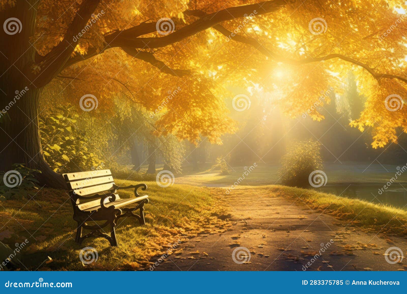 A Bench Under a Yellow Tree by a Path in Tranquil Autumn Park Lit by ...