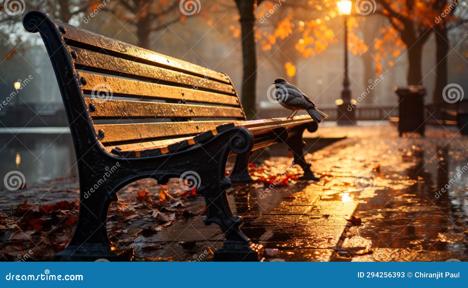 A Bench in Variant Autumn Park with Variant Trees and Birds Stock ...