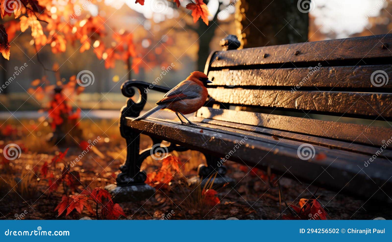 A Bench in Variant Autumn Park with Variant Trees and Birds Stock Photo ...