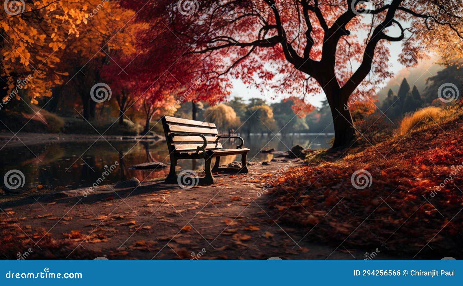 A Bench in Variant Autumn Park with Variant Trees and Birds Stock Photo ...