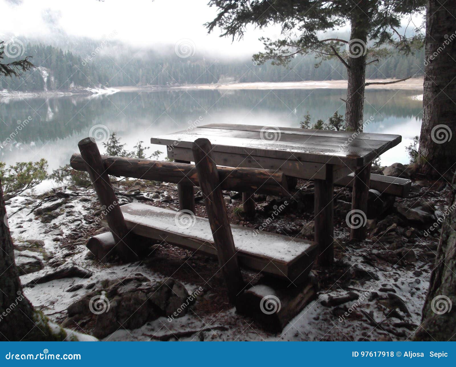 Bench view over the lake stock photo. Image of montenegro - 97617918