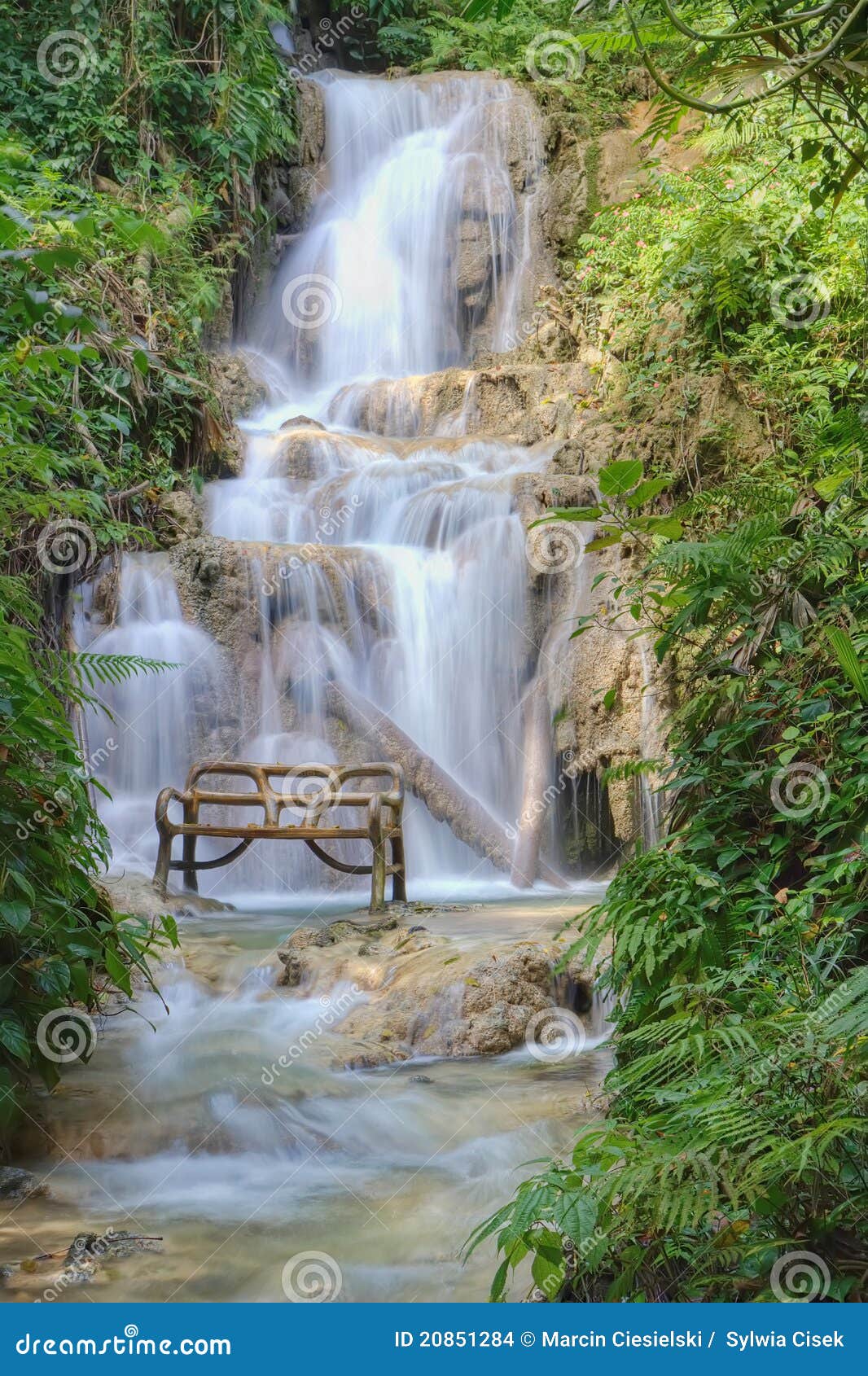 Bench at the waterfall stock photo. Image of rock, fall - 20851284