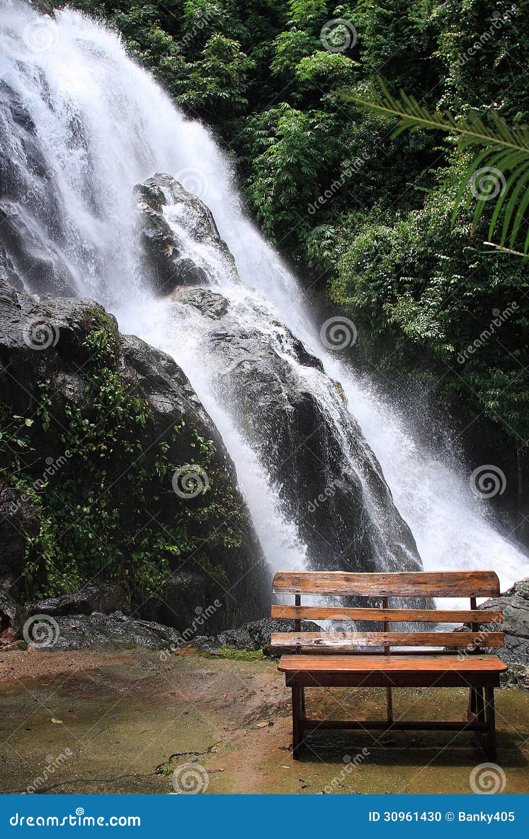 Bench at the waterfall stock photo. Image of flowing - 30961430