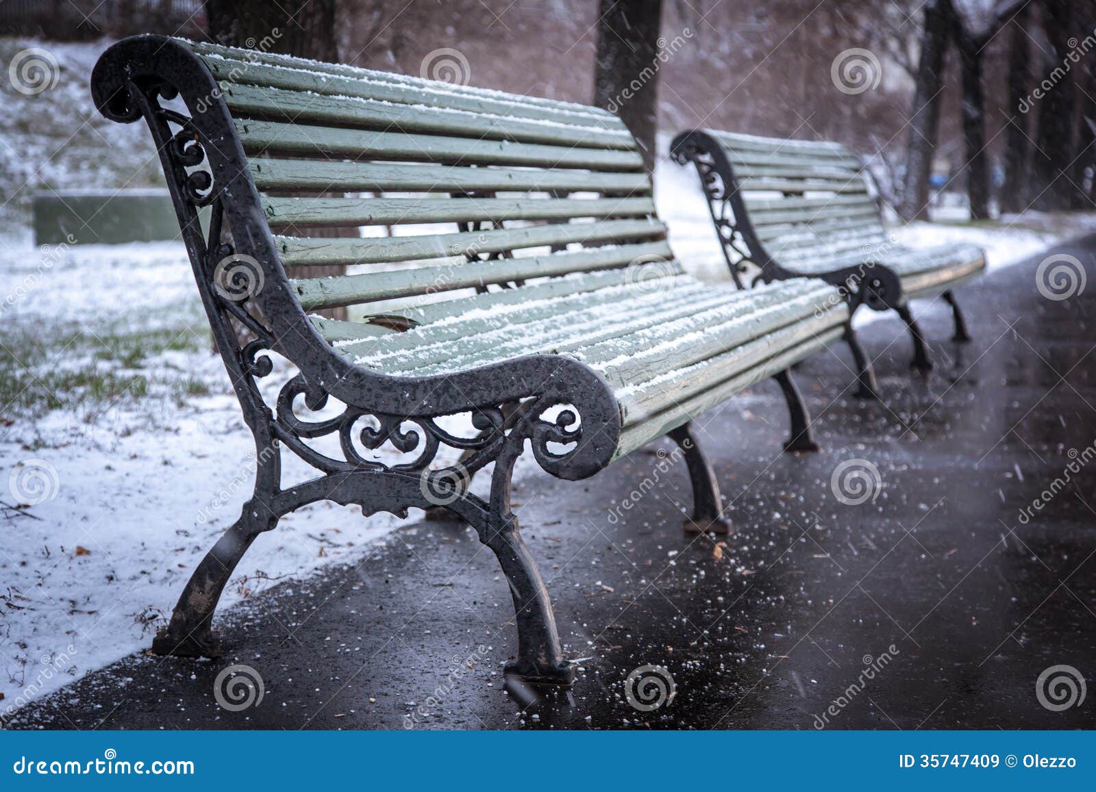 Bench in Winter and Falling Snow, Soft Focus Stock Image - Image of ...