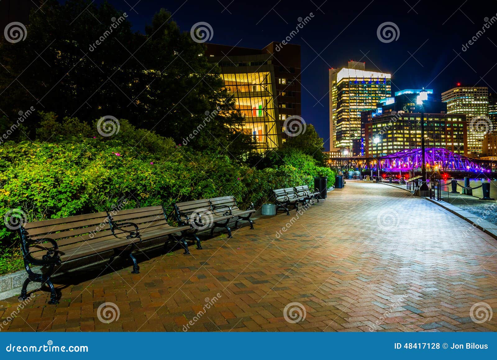Benches Along the Harborwalk at Night in Boston, Massachusetts. Stock ...
