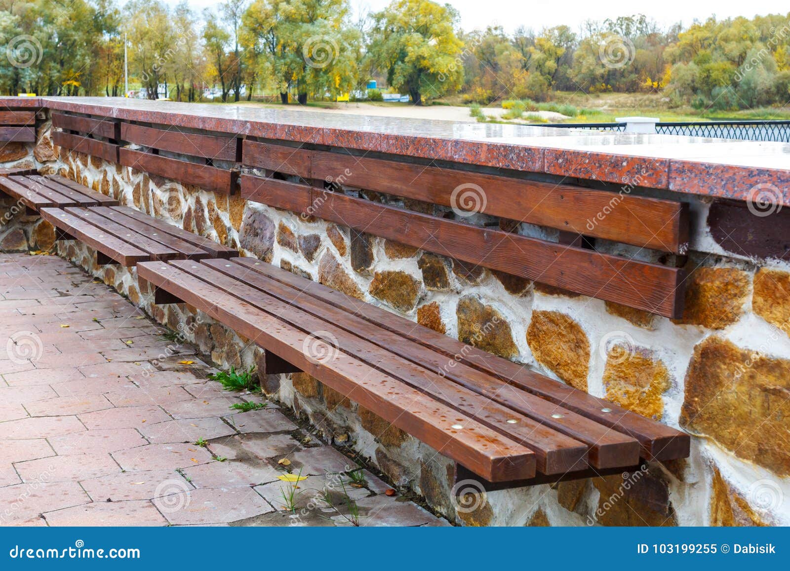 Benches in a Park on the Background of a River and Trees Stock Image ...