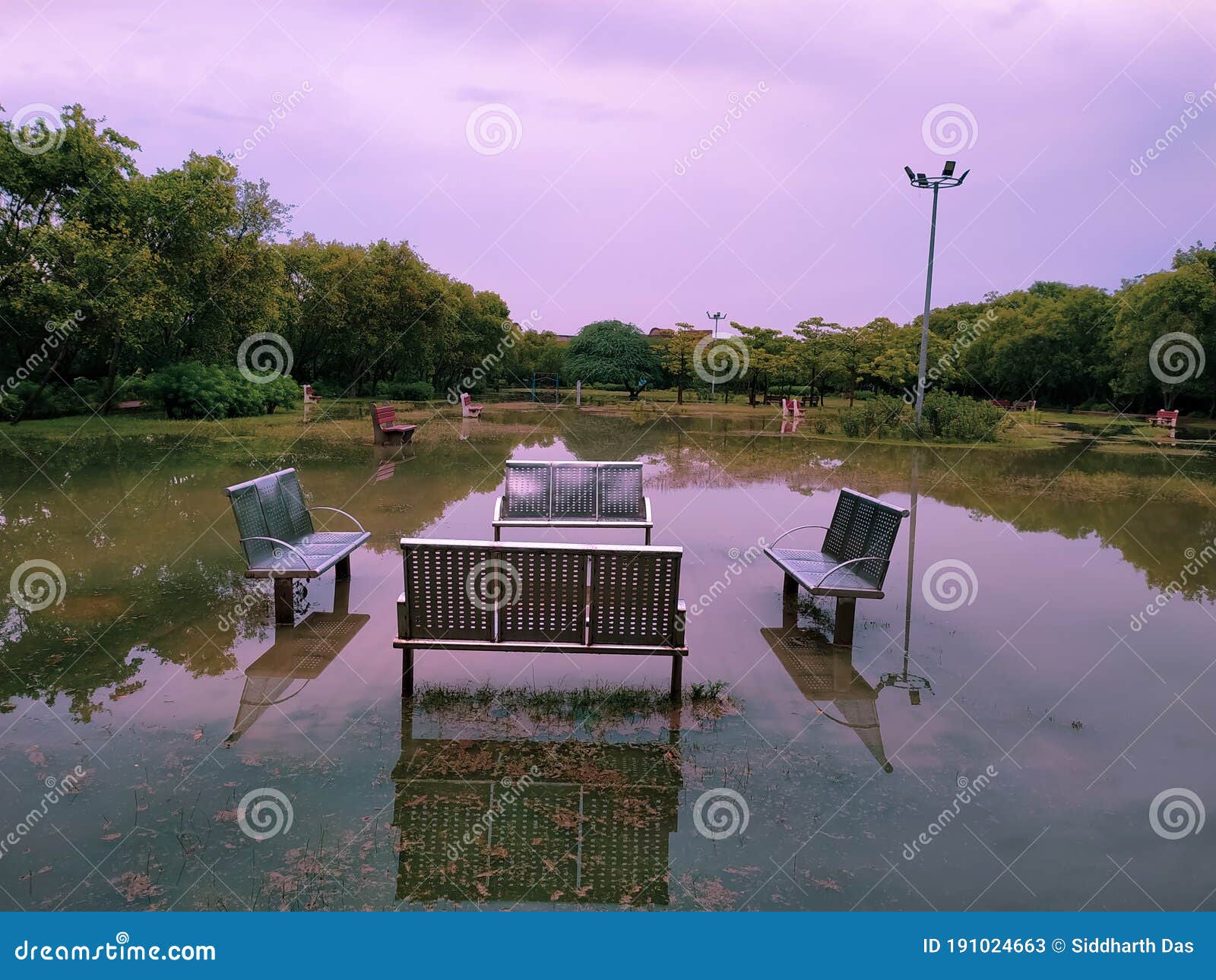 Benches of a Park Submerged in Flooded Water Stock Image - Image of ...