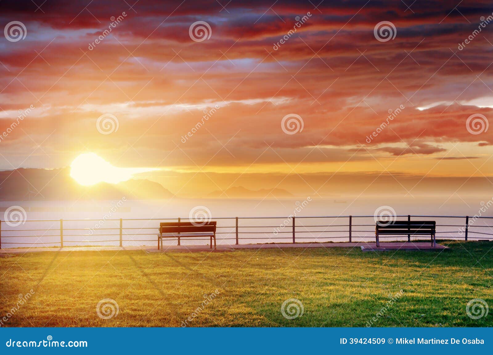 Benches in Park with at Sunset Stock Image - Image of grass, beams ...