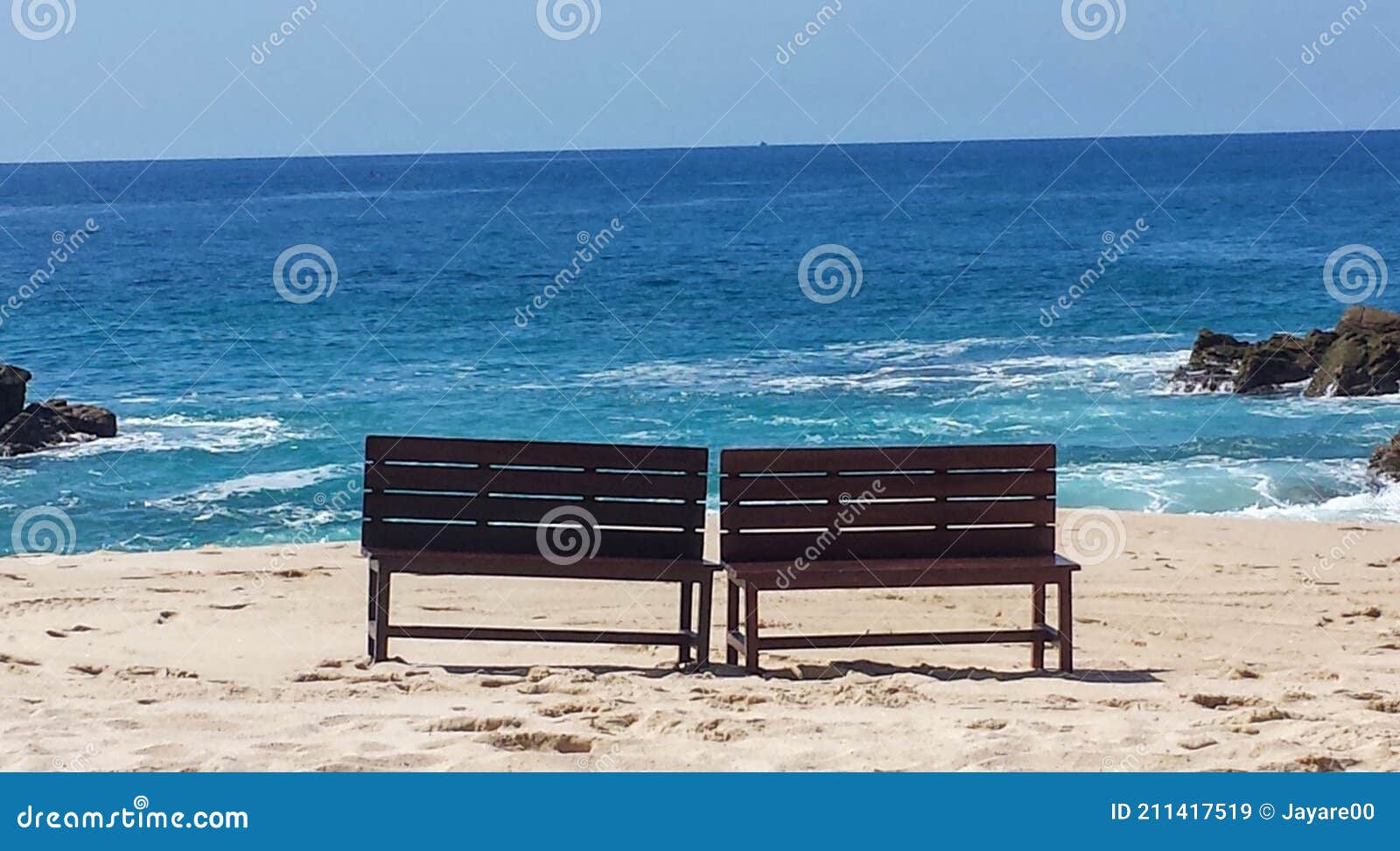 2 Benches on Sandy Beach Shore Ocean Stock Image - Image of blue, ocean ...