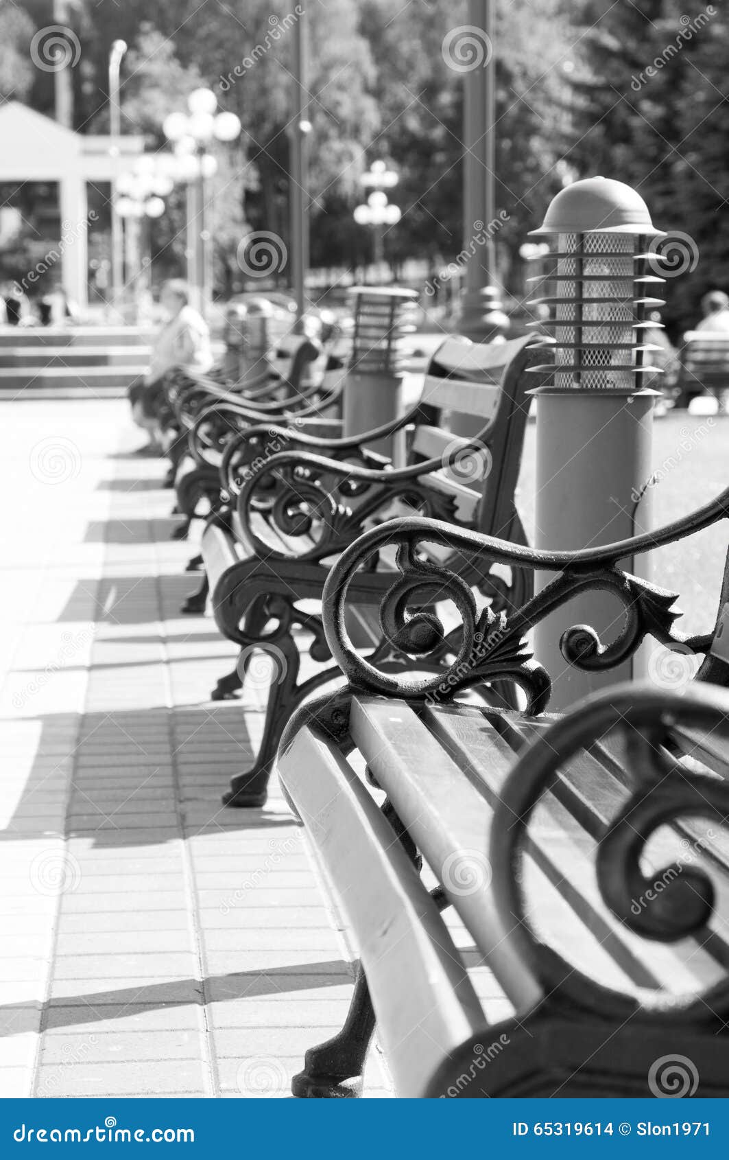 Benches stand in a row stock photo. Image of group, large - 65319614
