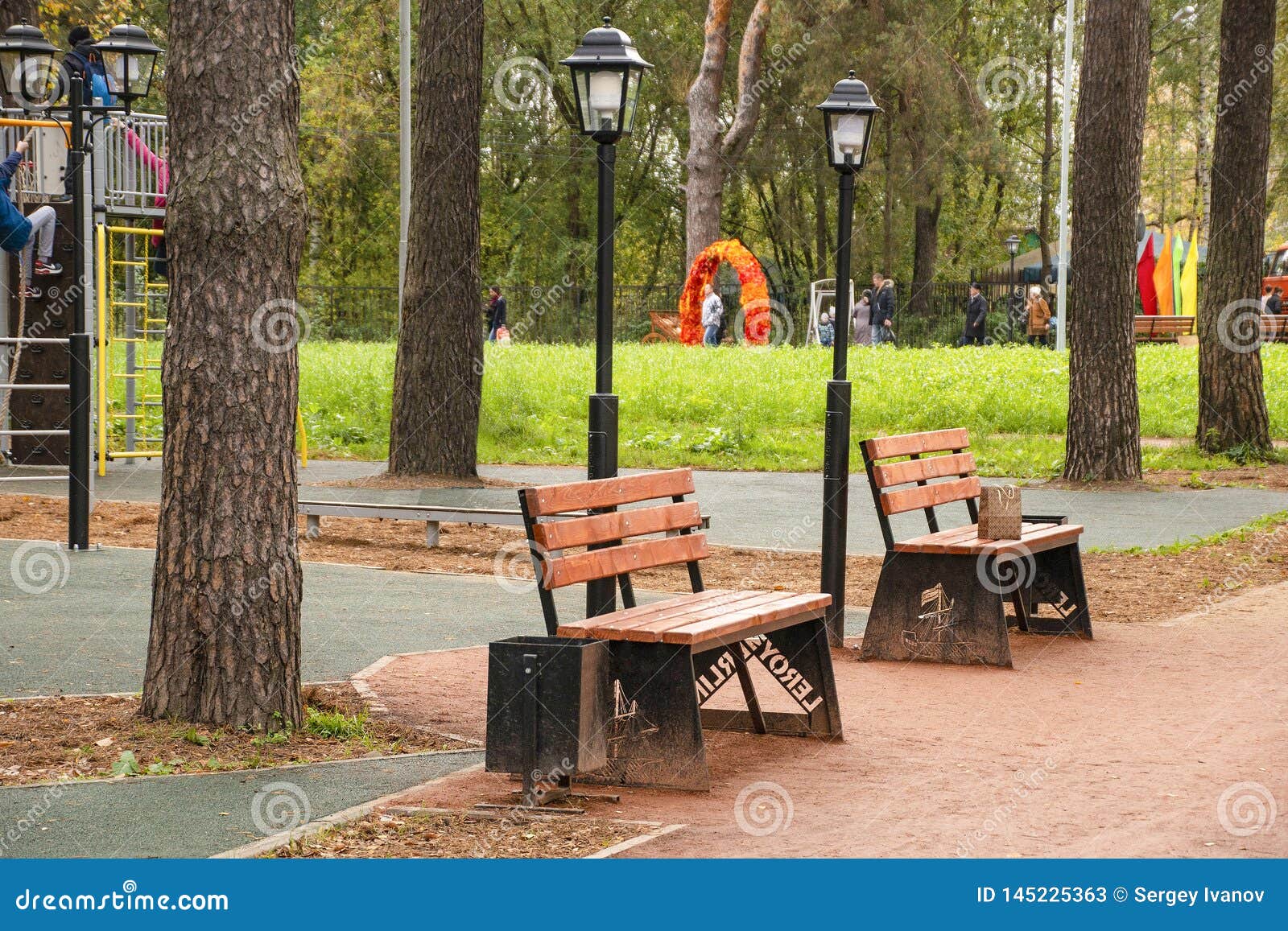 Benches with Street Lights in the Park Stock Image - Image of landscape ...