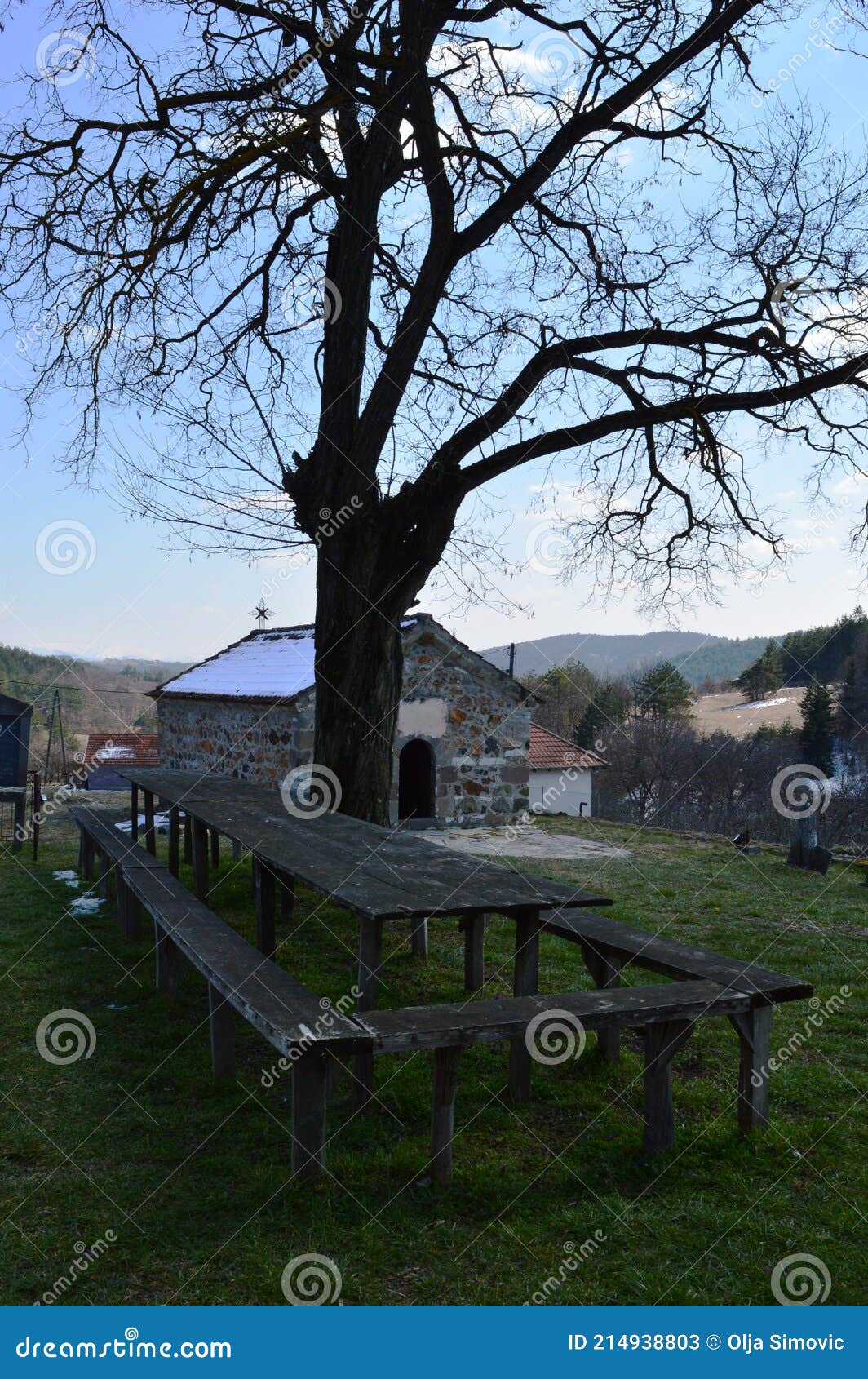 Benches and a Table in Front of an Old Small, Stone Orthodox Church ...