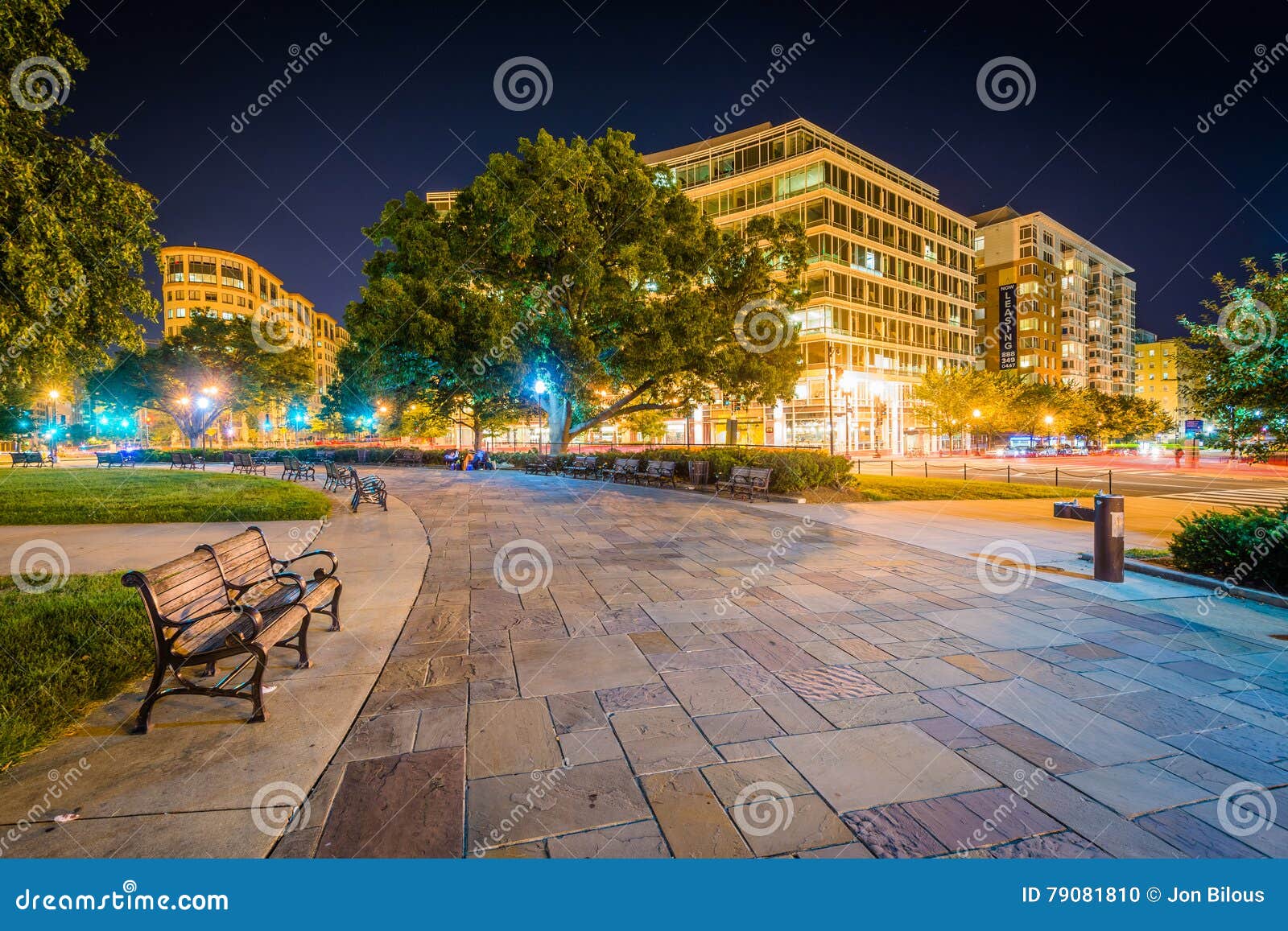 Benches and Walkway at Night, at Washington Circle, in Washington, DC ...