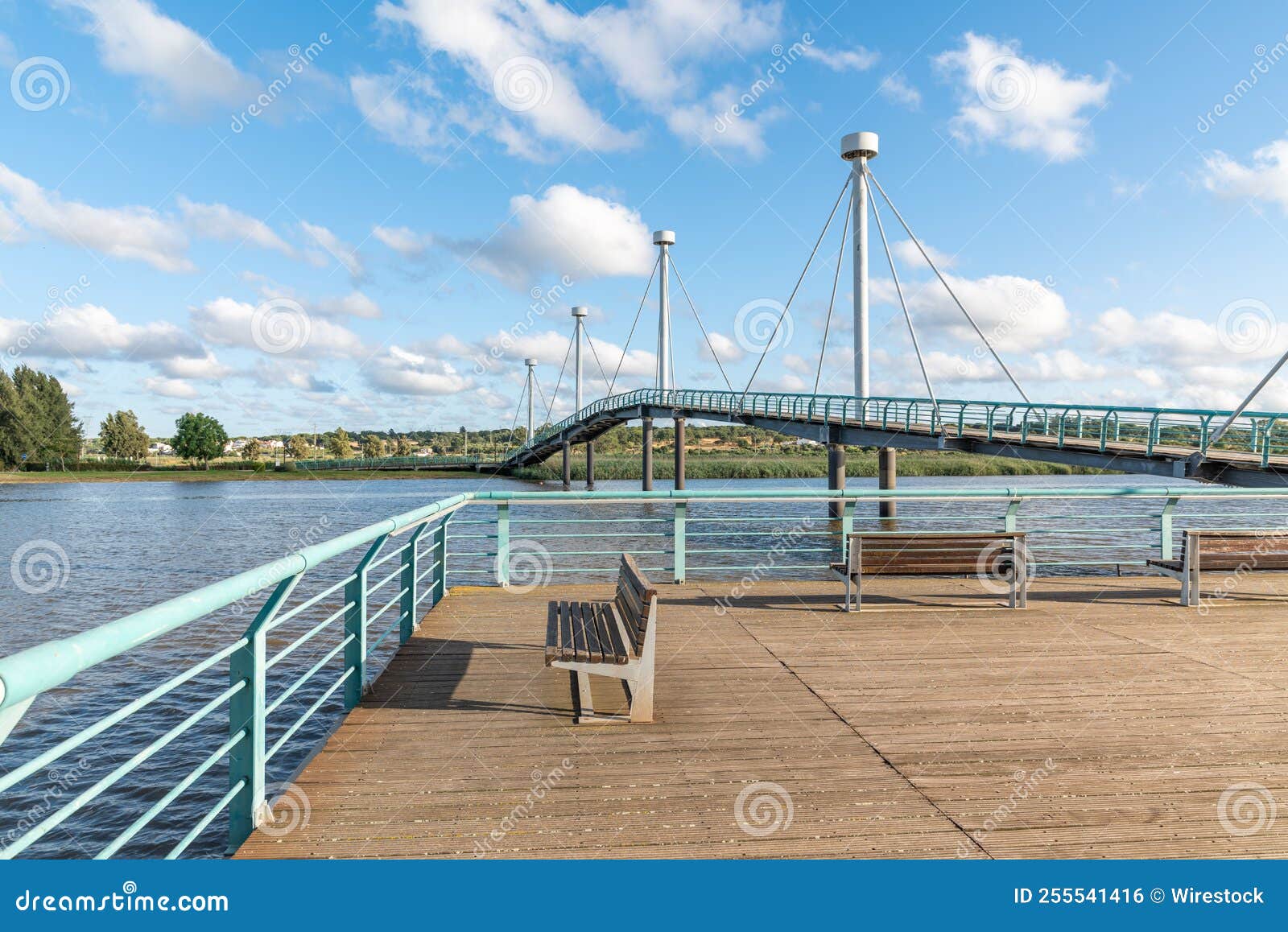 Benches on a Wooden Pier Over the River Stock Photo - Image of sunlight ...