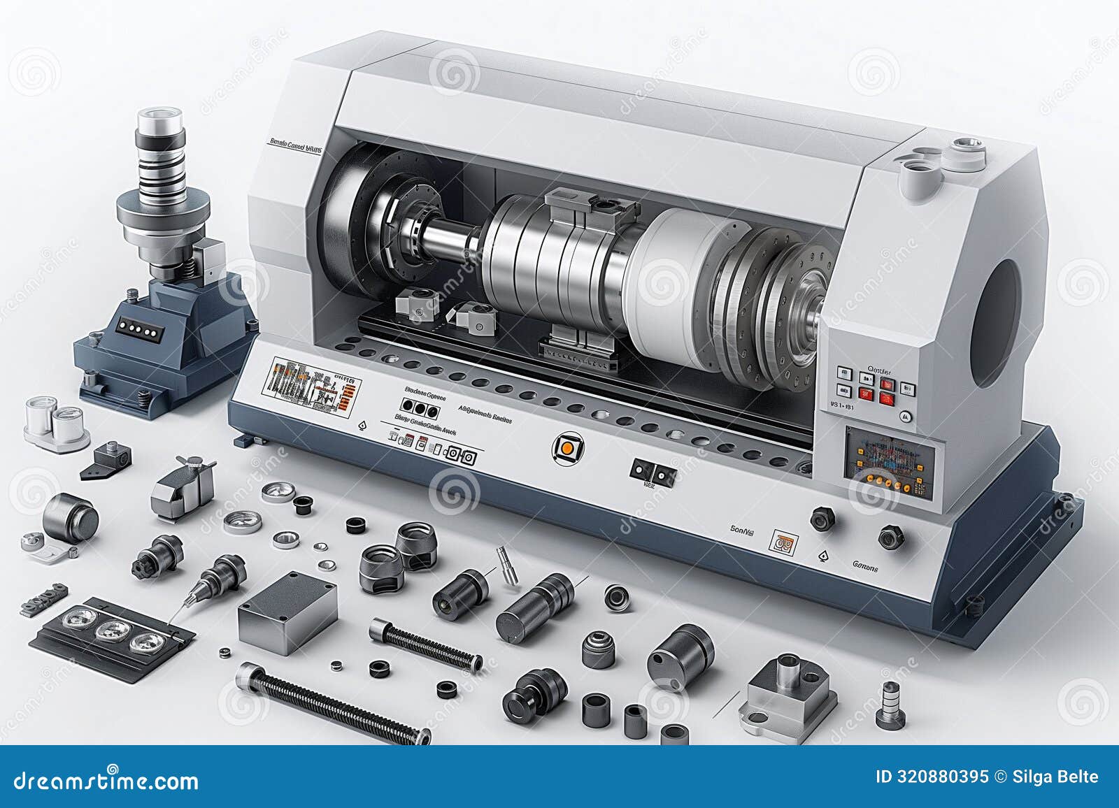 Benchtop CNC Lathe Machine Surrounded by Various Components Such As ...