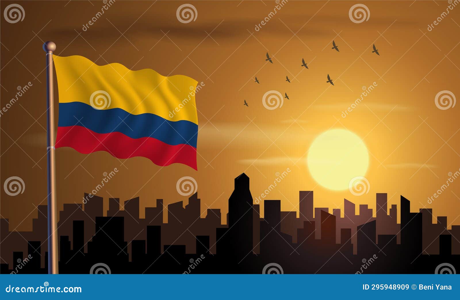 Colombia Flag with Building Silhouette and Sunset Stock Illustration ...