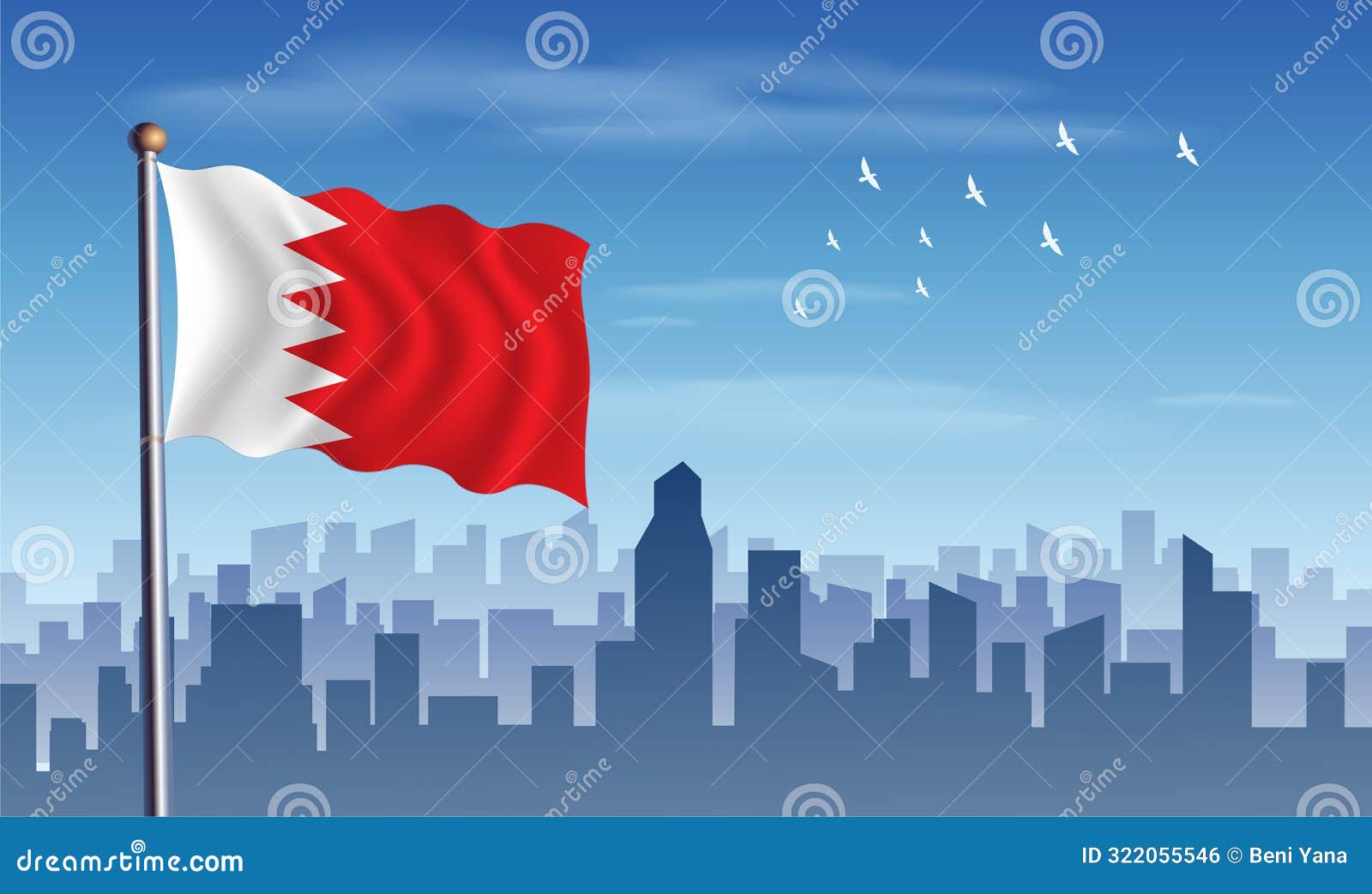 Bahrain Flag with Building Silhouette and Sky Stock Vector ...