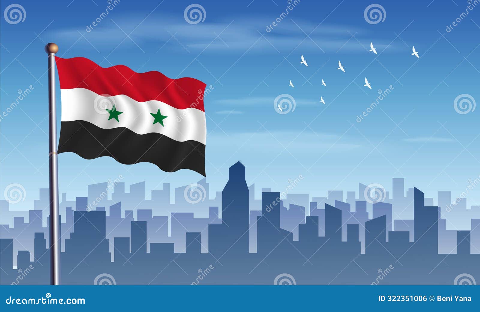Syria Flag with Building Silhouette and Sky Stock Vector - Illustration ...