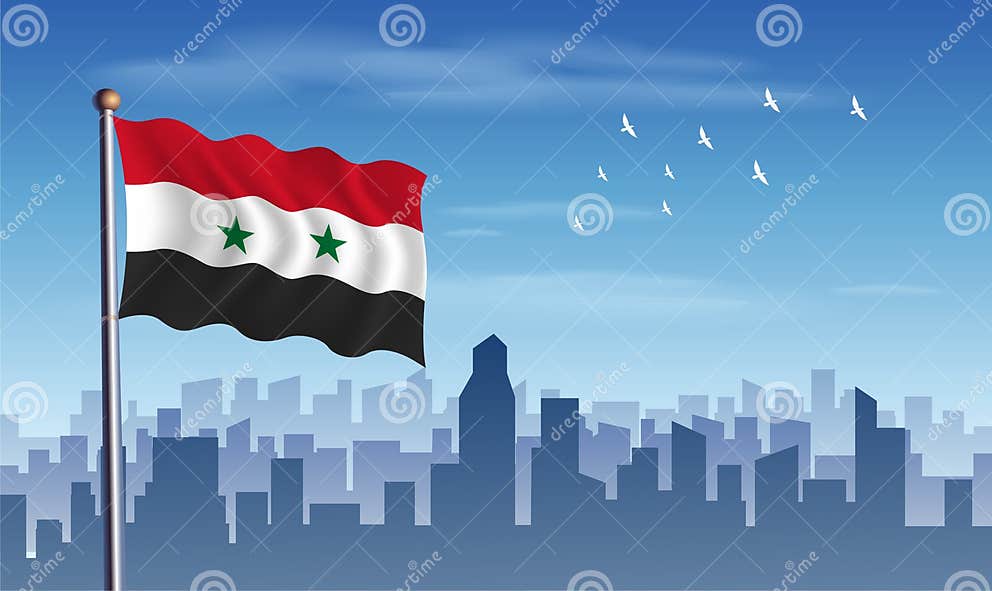 Syria Flag with Building Silhouette and Sky Stock Vector - Illustration ...